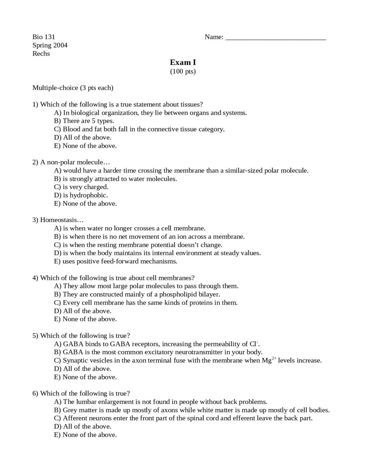 Systemic Physiology Exam I Questions Bio 131 Docsity