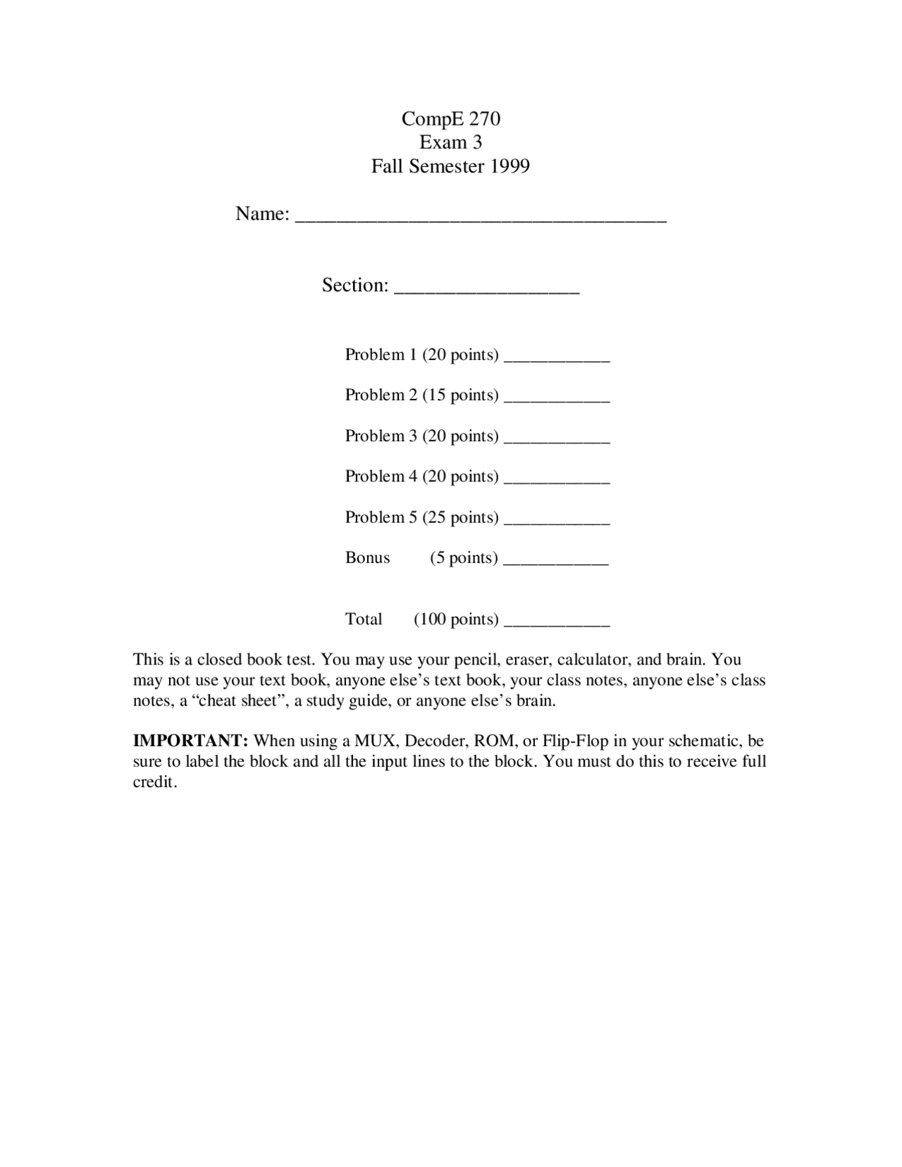 Exam 3 Problems On Circuits Digital System Compe 270 Docsity