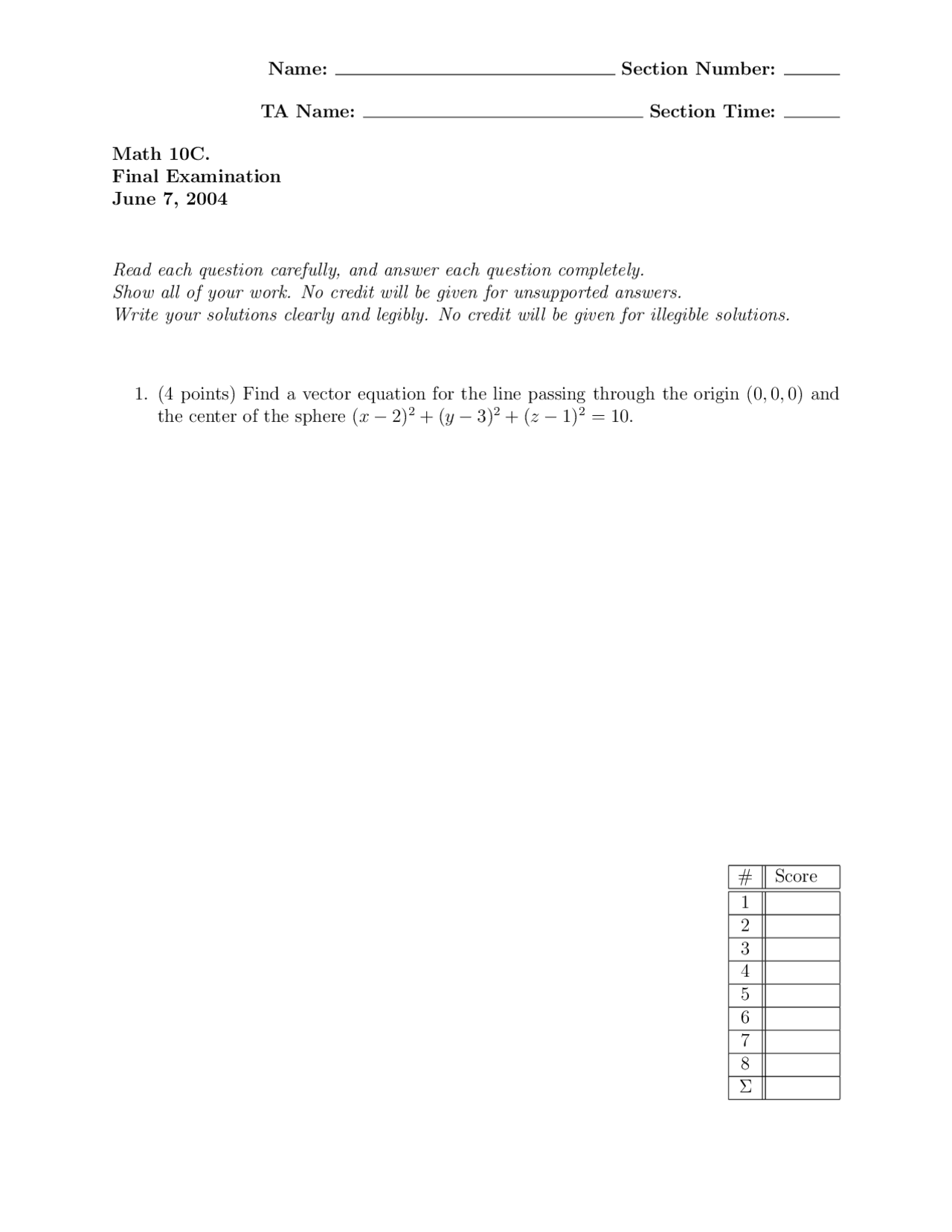 Calculus - Final Exam Paper | MATH 10C - Docsity