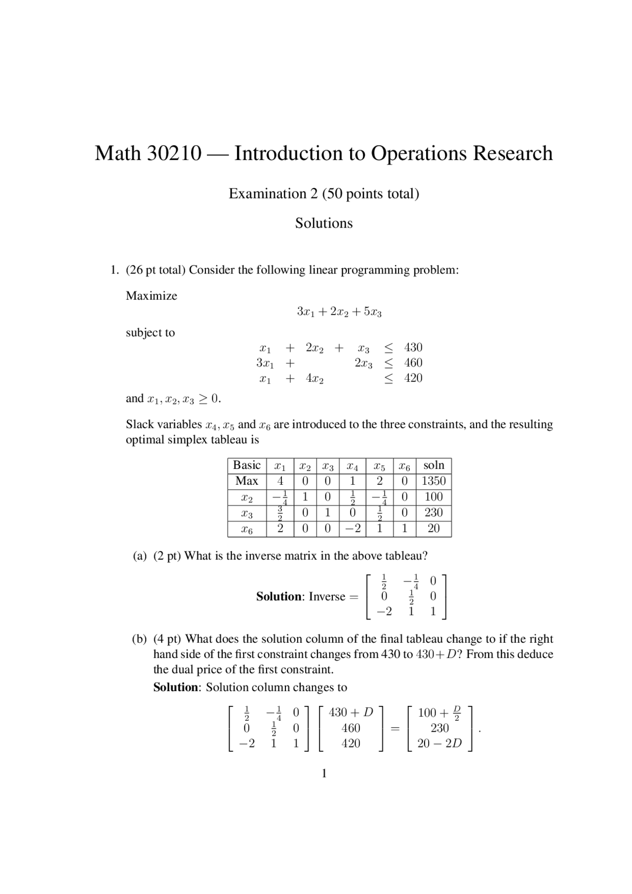 Examination 2 With Solutions Introduction To Operations Research