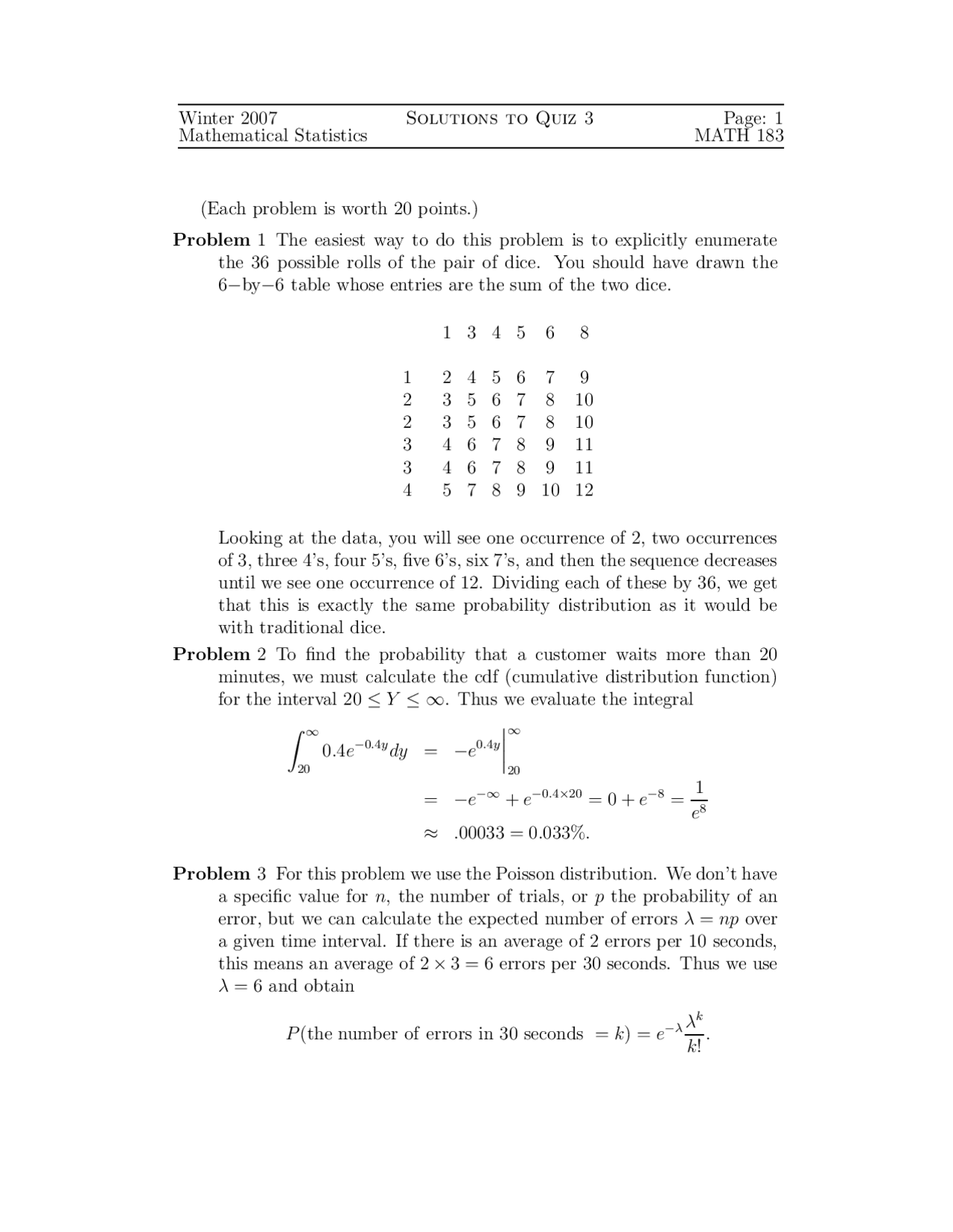 Solutions To Quiz 3 For Statistical Methods Math 183 Docsity