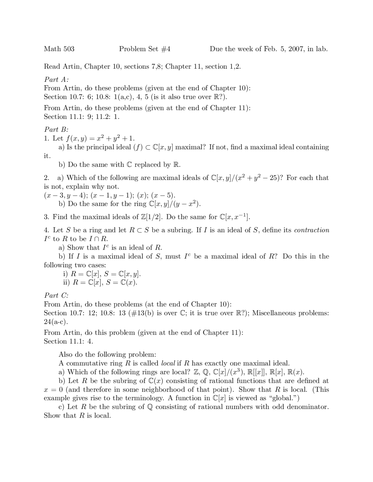 Problem Set 4 Questions Abstract Algebra Math 503 Assignments