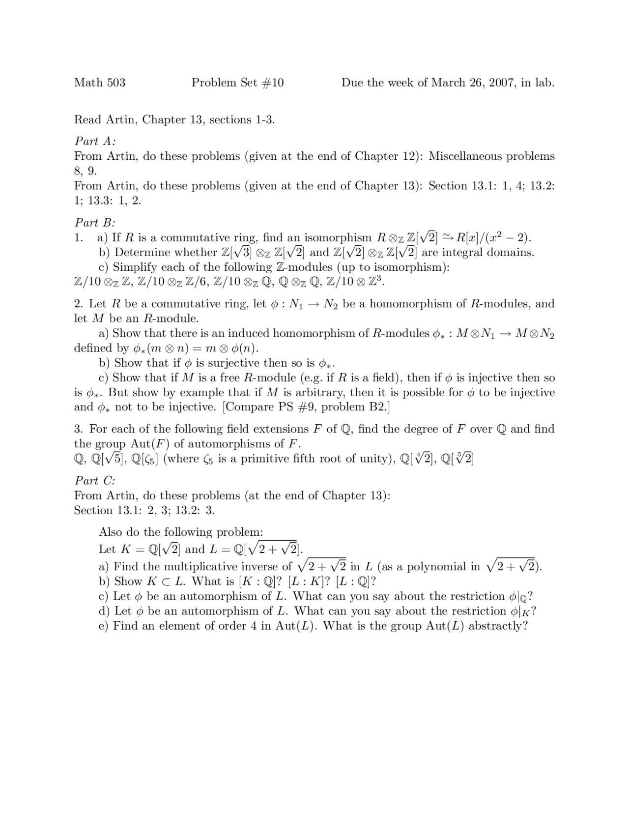 Problem Set 10 For Abstract Algebra Math 503 Docsity