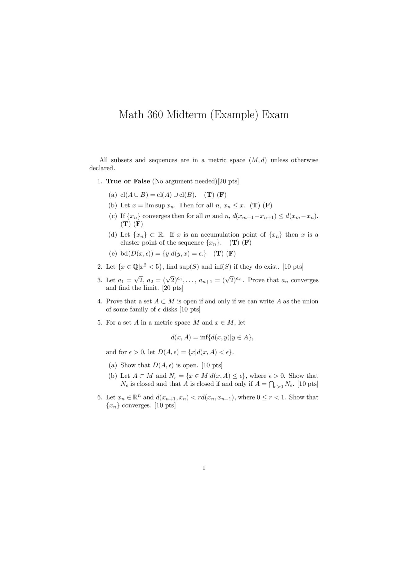 6 Problems On Advanced Analysis Midterm Exam Math 360 Docsity