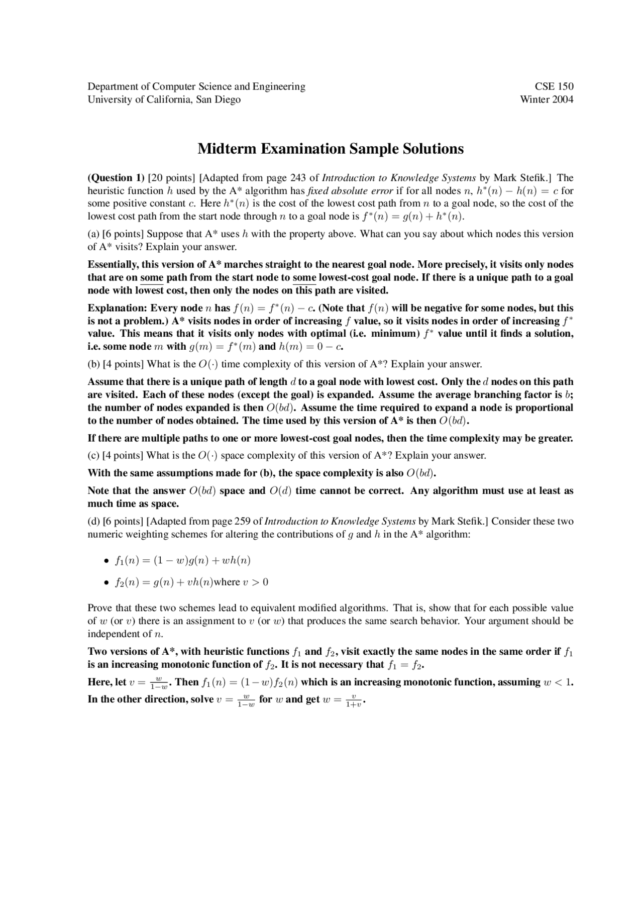 Midterm Exam Sample Solutions Introduction To Artificial Intelligence