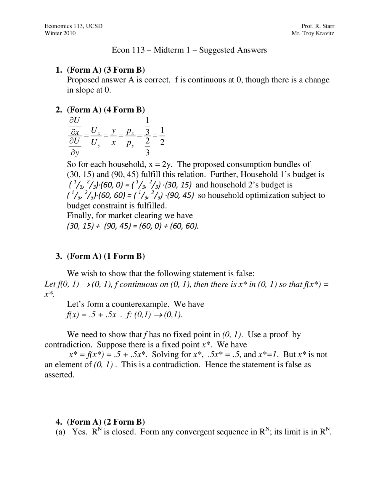 Midterm Exam 1 Questions With Answers Mathematical Economics Econ