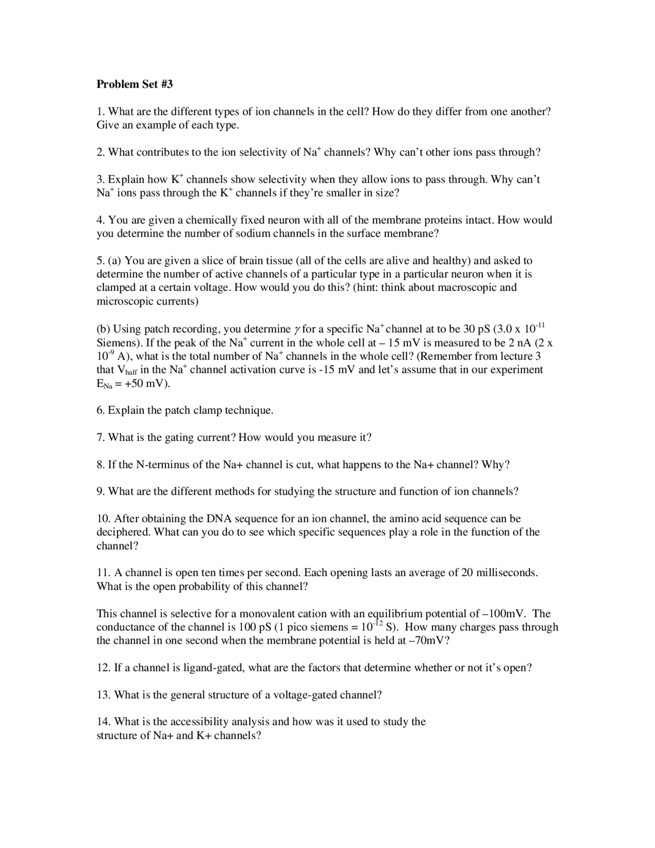 Problem Set Of 14 Questions Cellular Neurobiology Bipn 140 Docsity