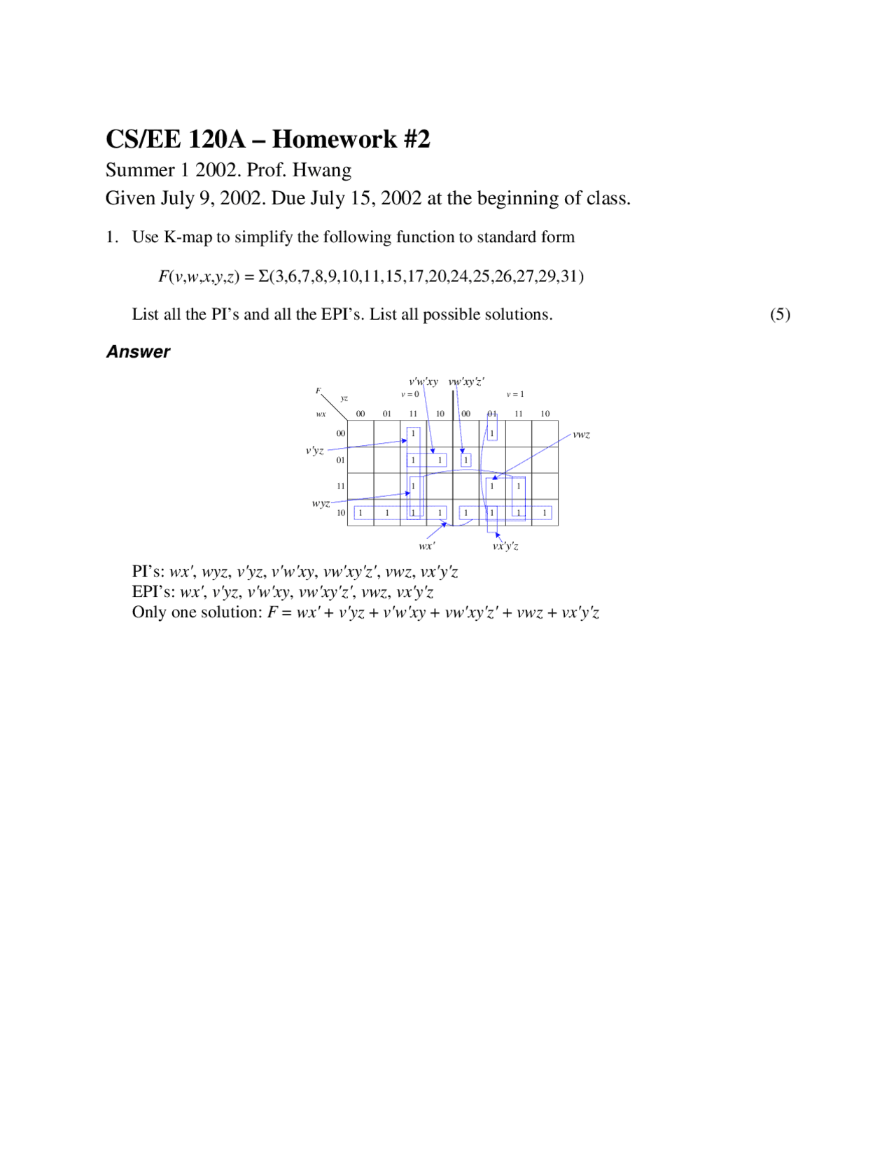 Logic Design Solved Homework 2 Fall 2002 Cs 120a Docsity