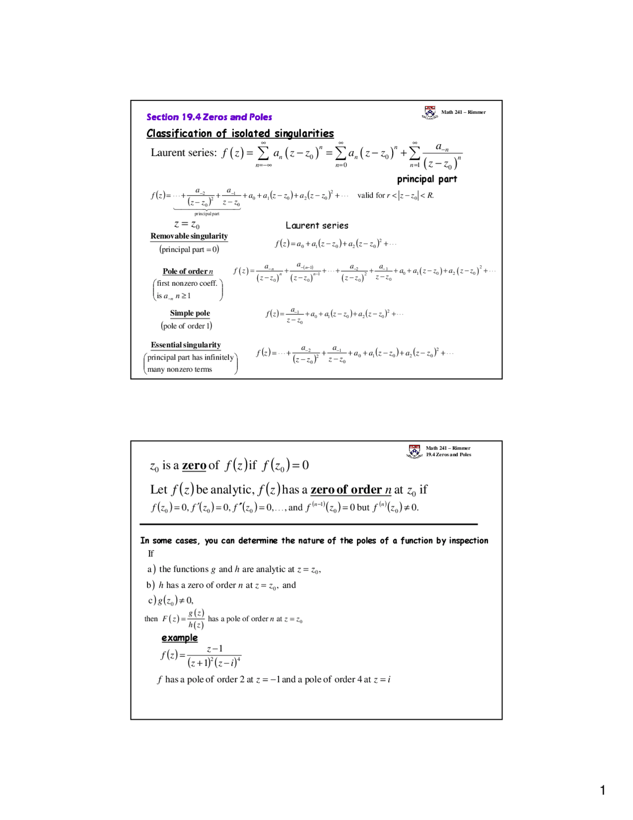 Lecture Slides On Classification Of Isolated Singularities Math 241 Docsity