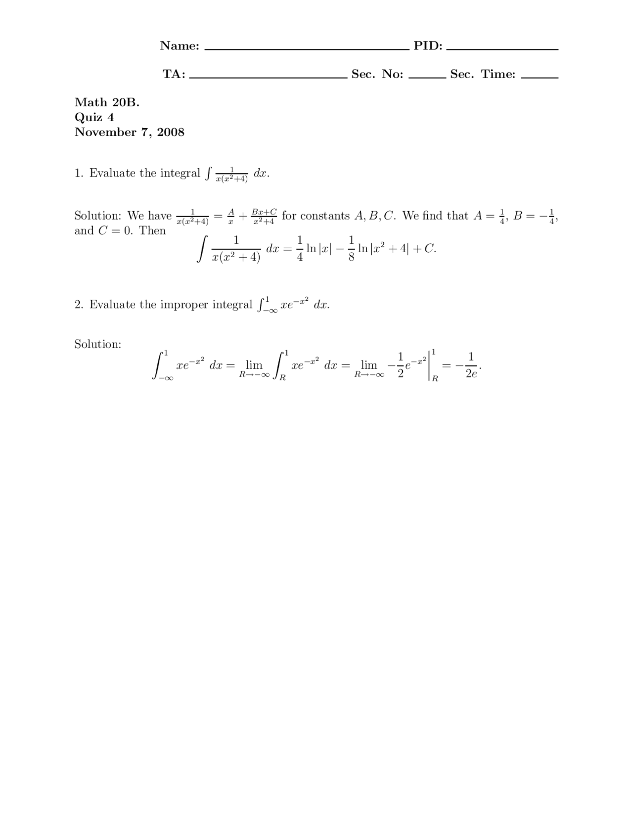 Solutions To Quiz 4 Calculus Science And Engineering Math 20b