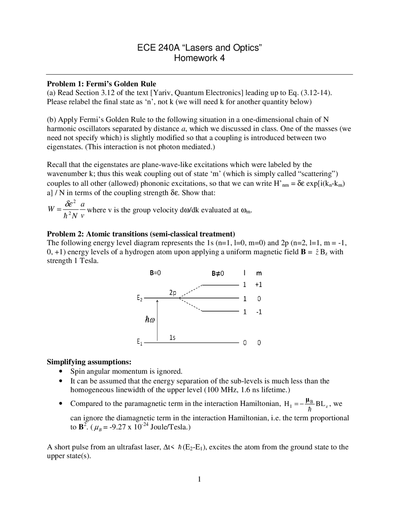 Laser Optics Homework 4 Practice Problems Ece 240c Docsity