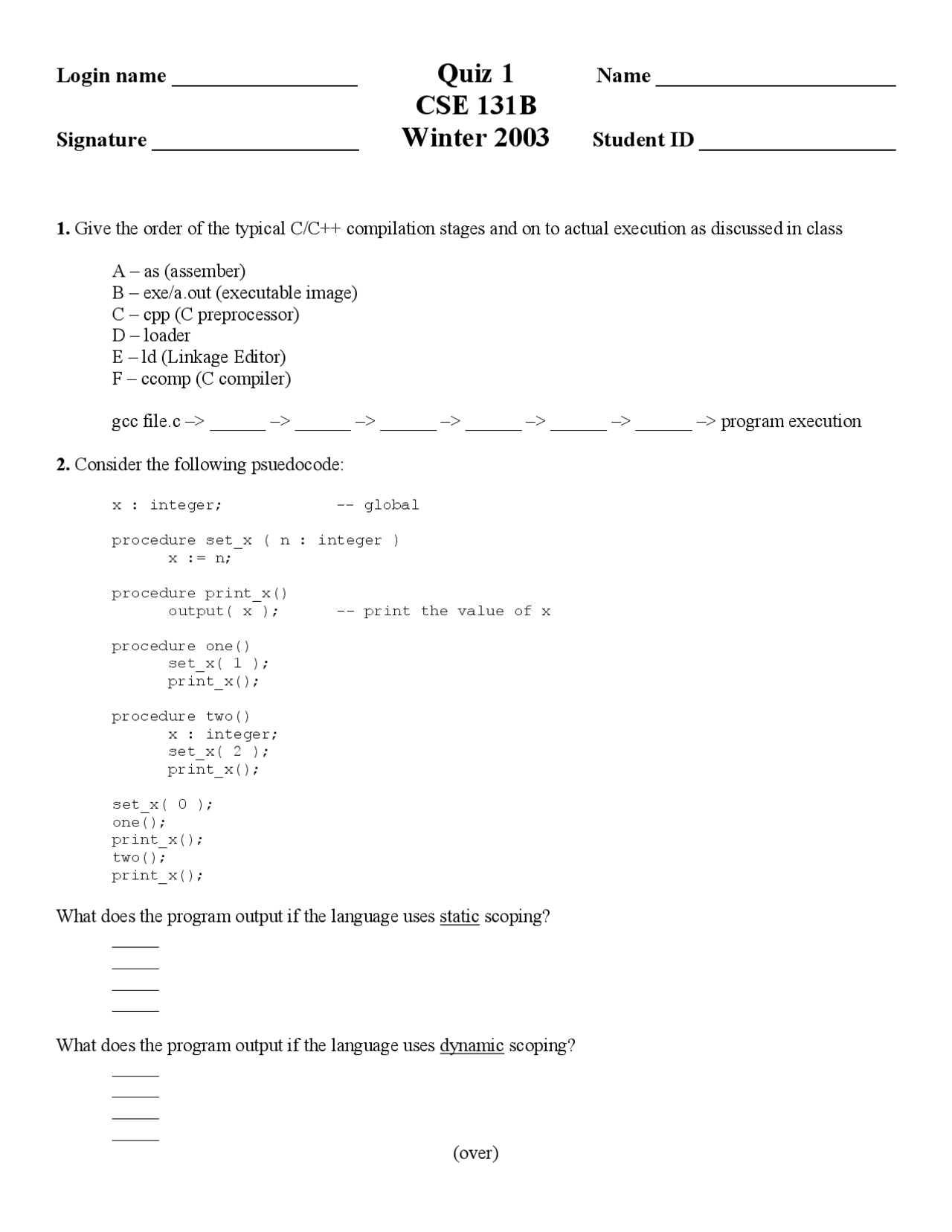 Resolution Of Practice Quiz 1 On Compiler Construction Cse 131 Docsity