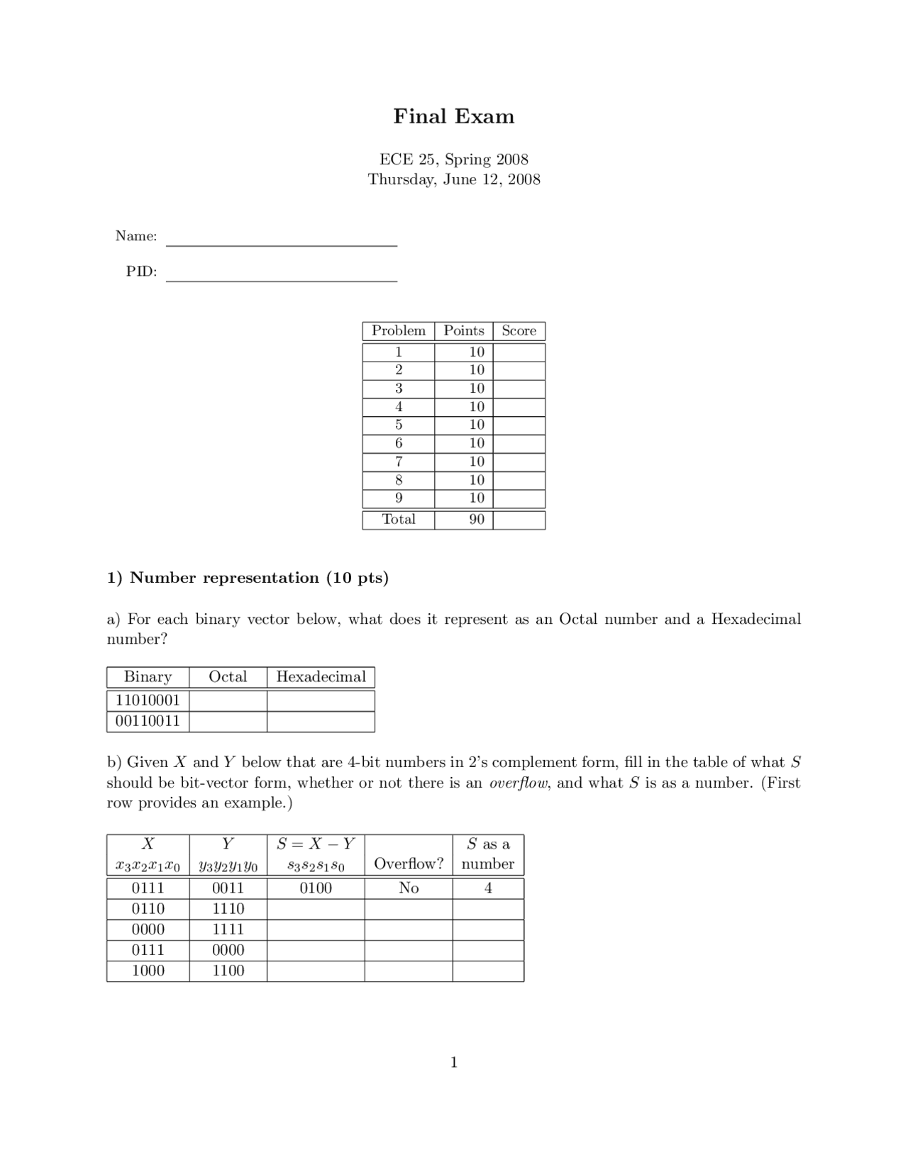 Final Exam For Introduction To Digital Design Ece 25 Docsity