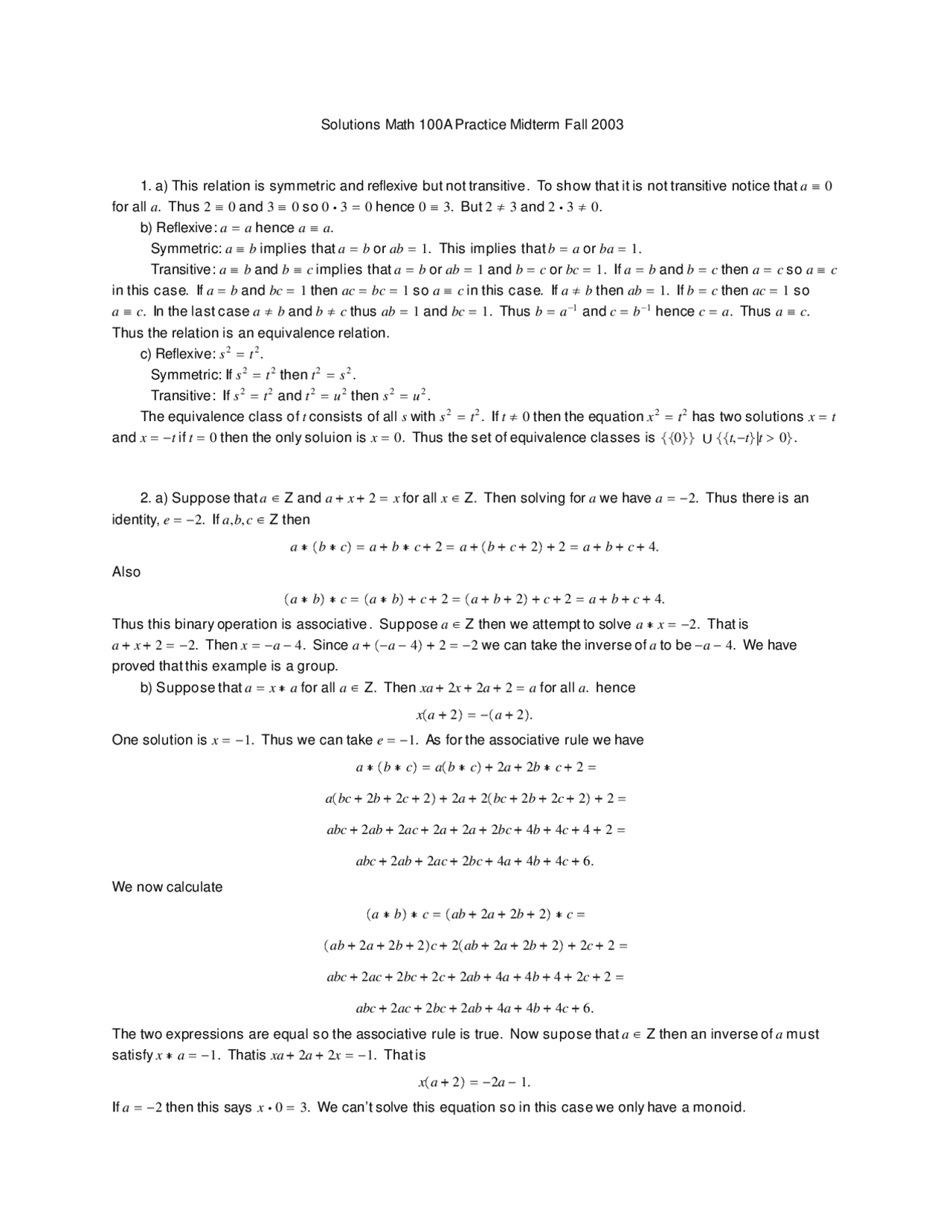 Modern Algebra - Practice Midterm with Solutions 2003 | MATH 100A - Docsity