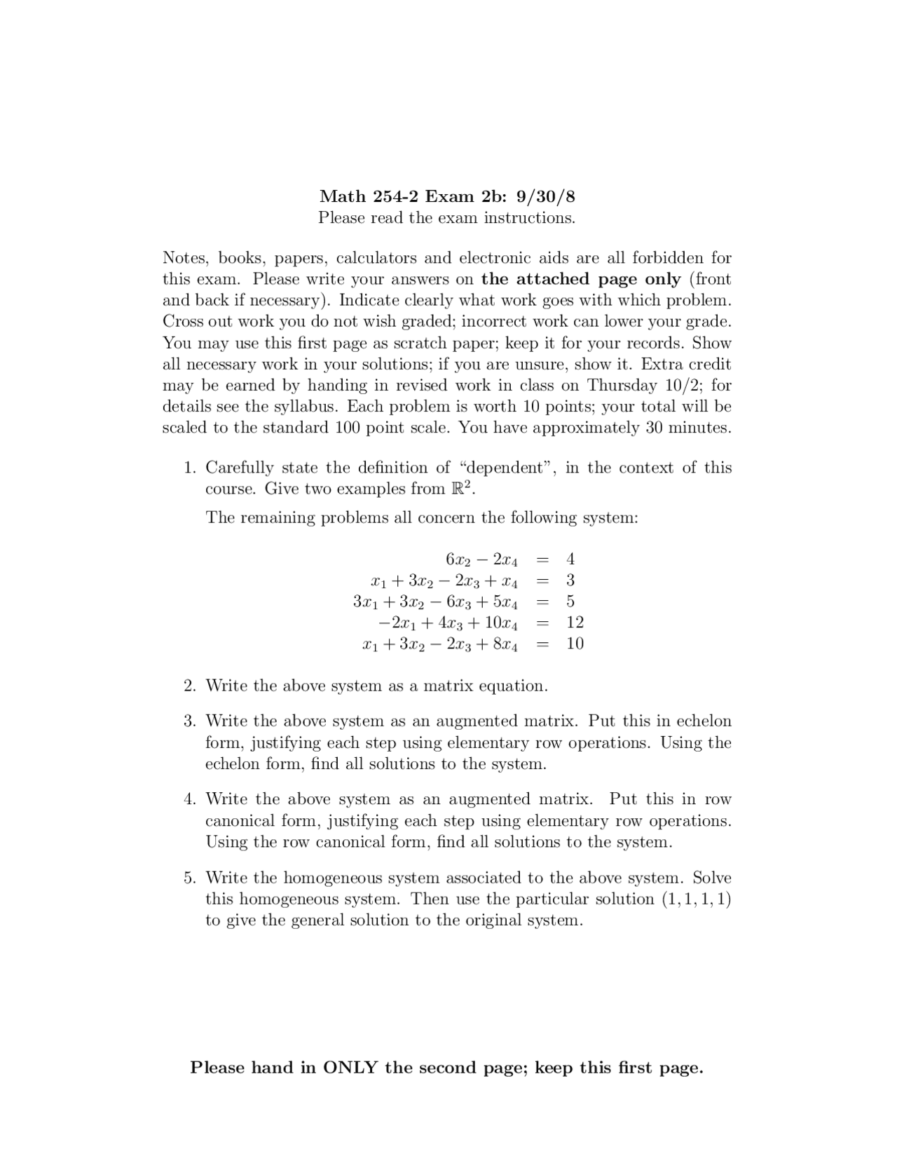 5 Questions on Introduction to Linear Algebra - Past Exam 2B | MATH 254 - Docsity