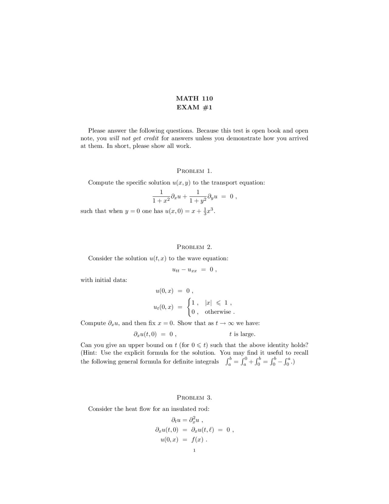 2 Solved Problems On Introduction Partial Differential Equations Exam 1 Math 110 Docsity