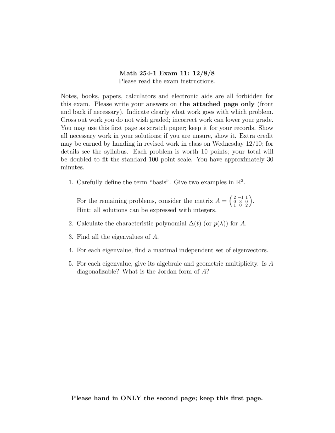Examination 11 Introduction To Linear Algebra Math 254 Docsity