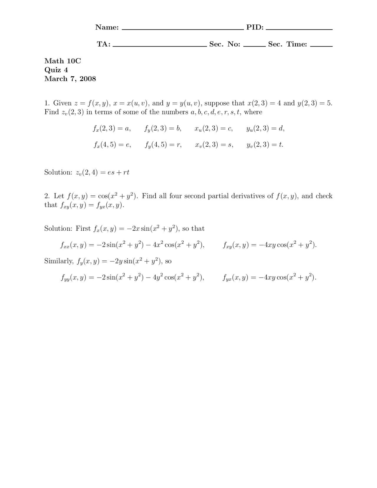 Solutions to Quiz 4 - Calculus | MATH 10C - Docsity