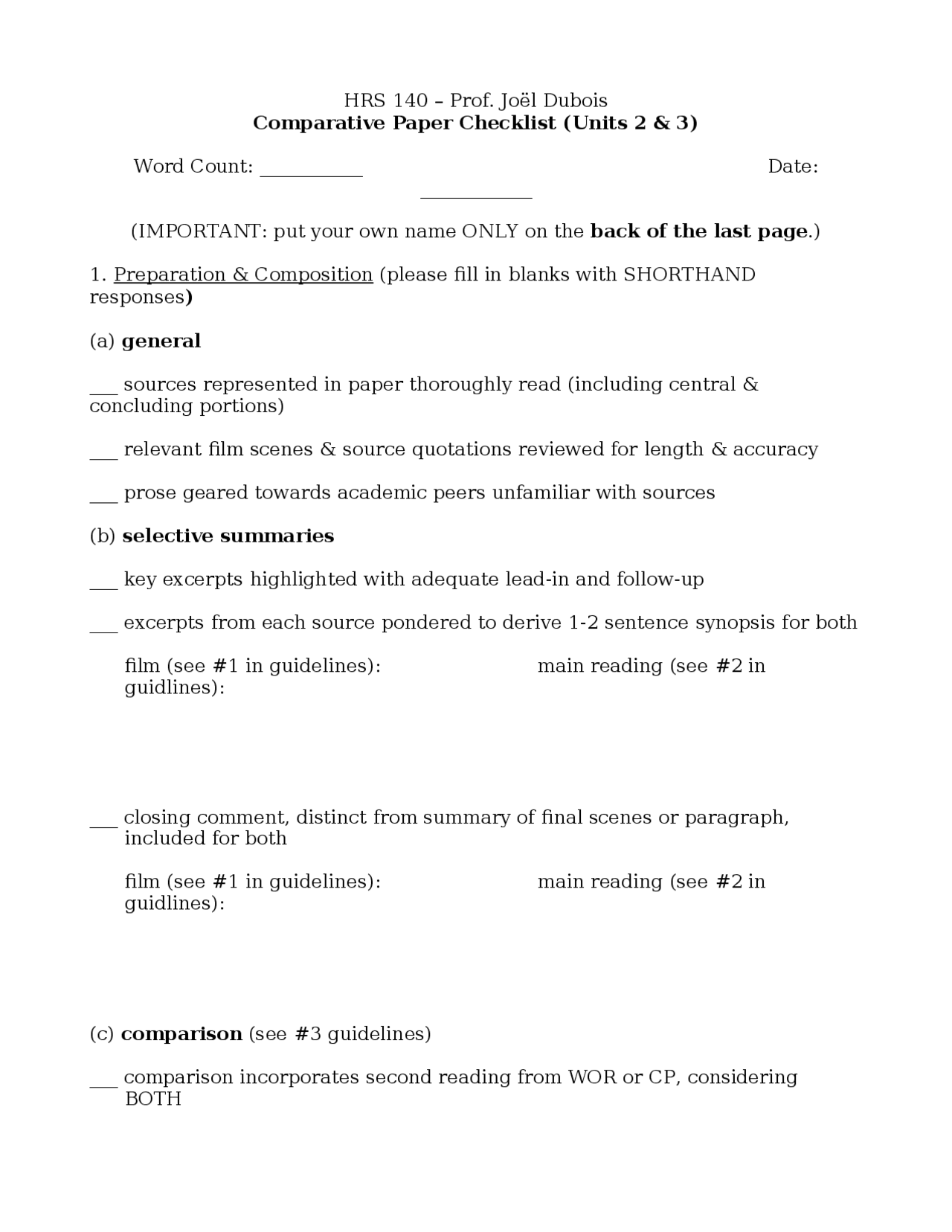 Comparative Paper Checklist for Units 2 & 3 by Prof. Joël Dubois ...