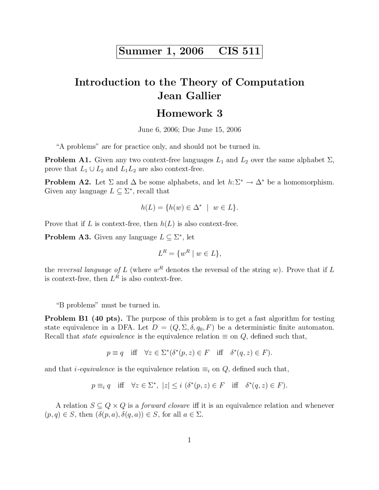 Homework 3 Problems With Solutions For Theory Of Computation Cis 511