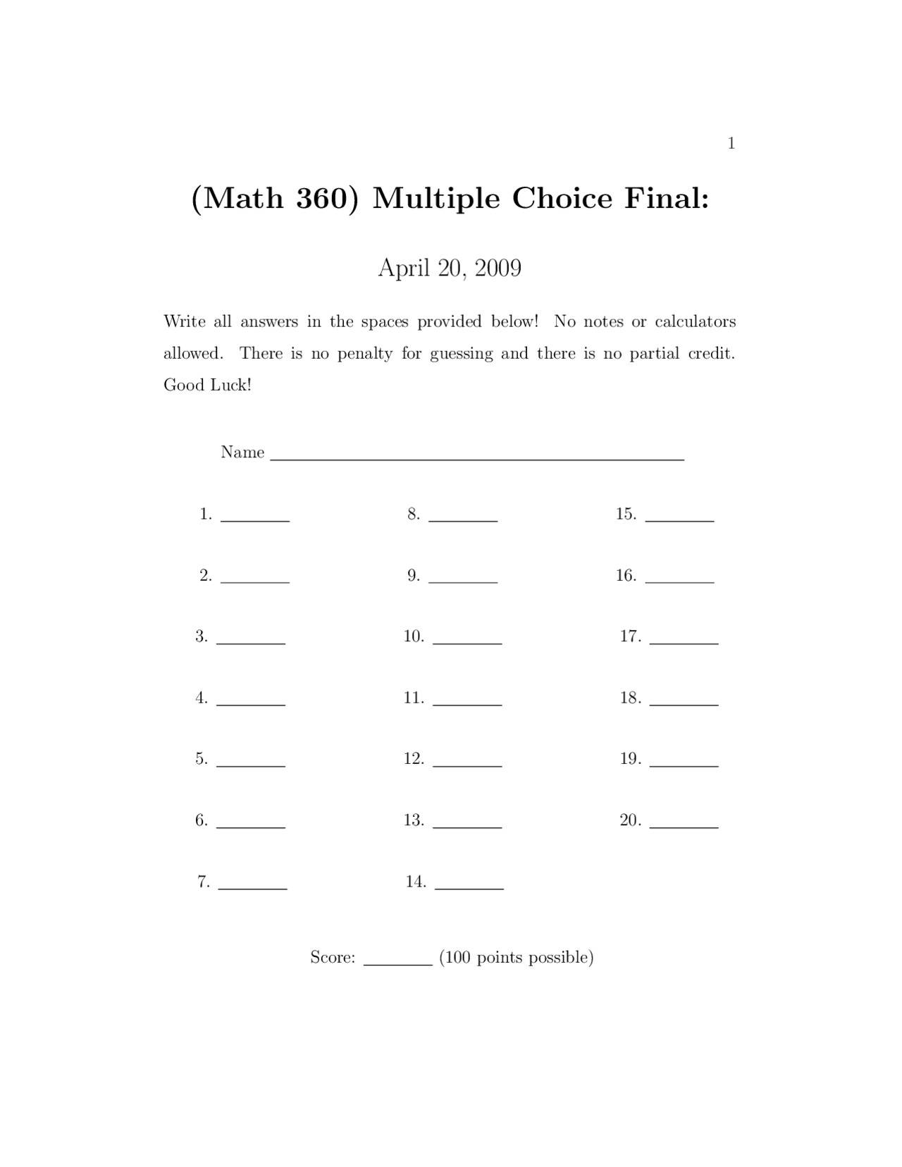 Multiple Choice Final Exam for Advanced Calculus | MATH 360 - Docsity