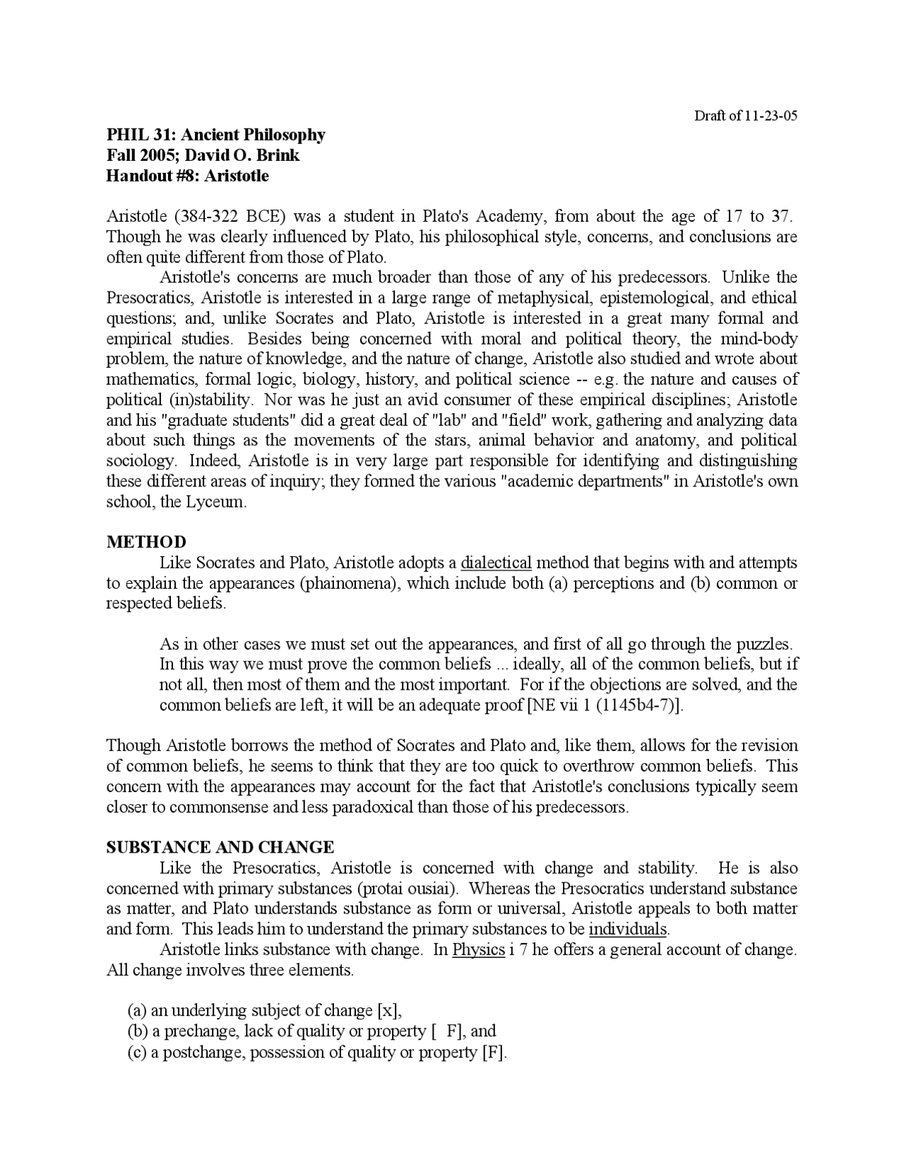 Notes On Ancient Philosophy Of Aristotle Phil 31 Docsity
