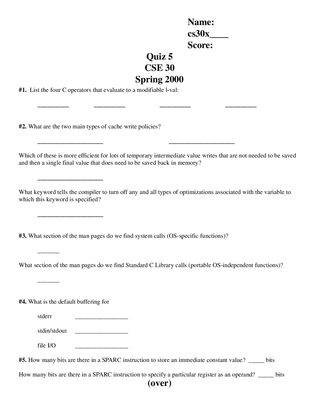 Computer Organization Systems Program - Practice Quiz 5 | CSE 30 - Docsity