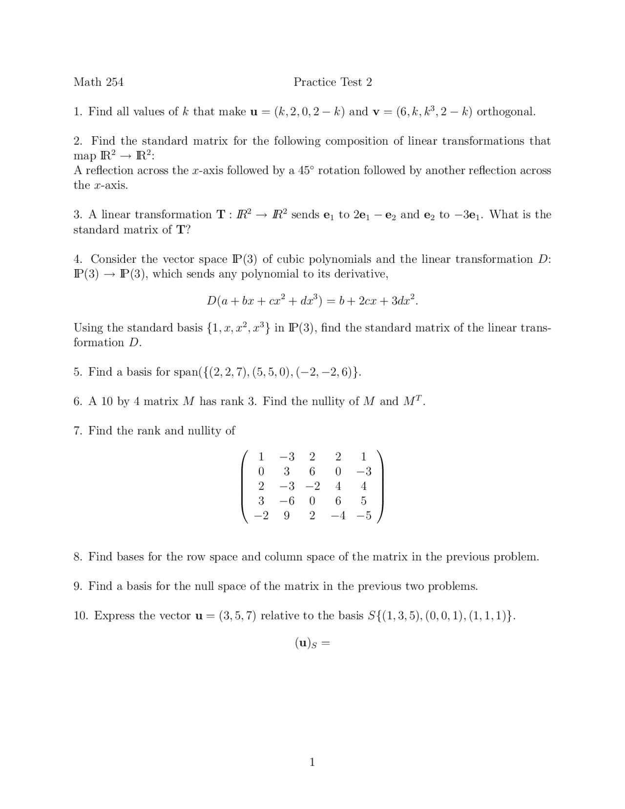 Practice Test 2 With 10 Problems Introduction To Linear Algebra