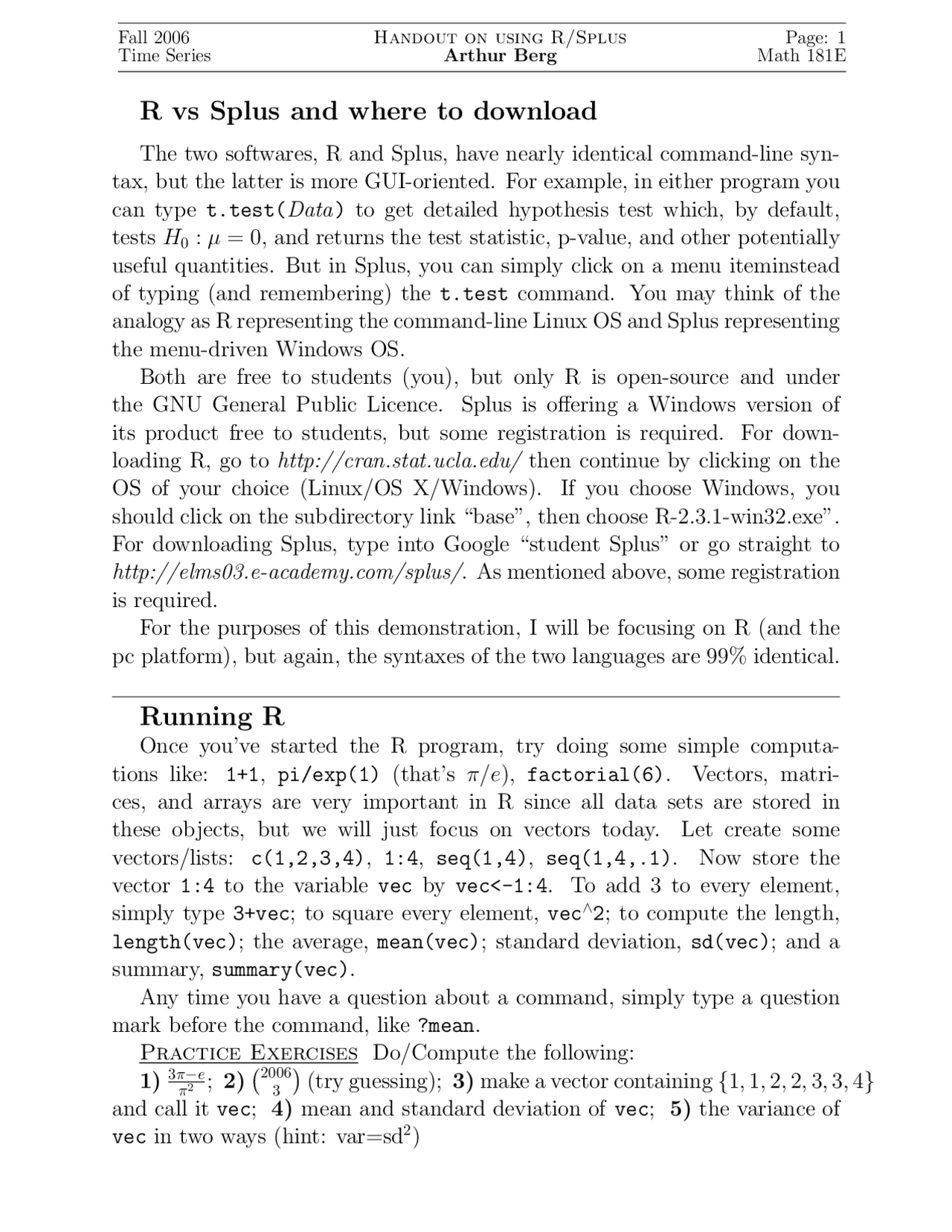 Handout On Using Rsplus Time Series Math 181e Docsity