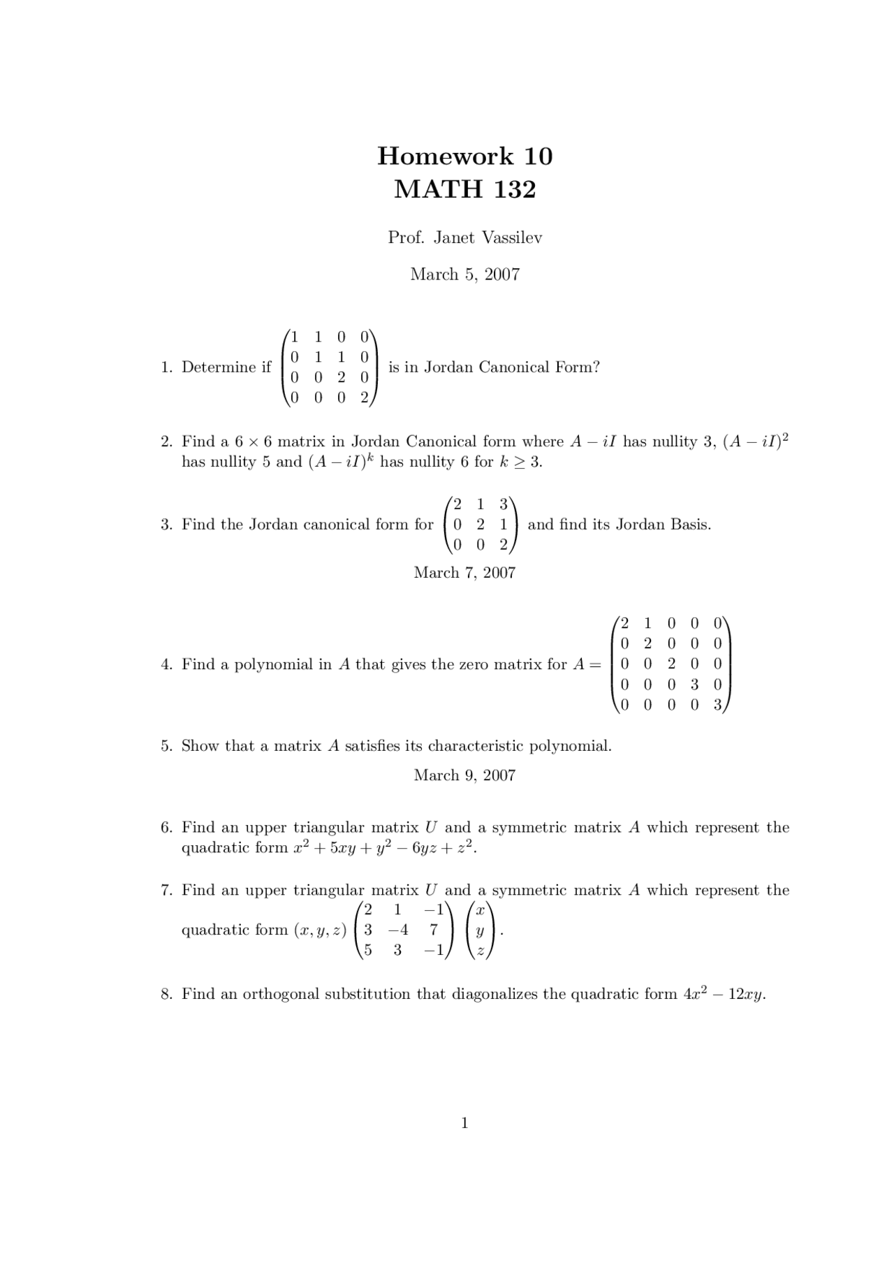 5 Questions on Linear Algebra II - Assignment 10 | MATH 132 - Docsity