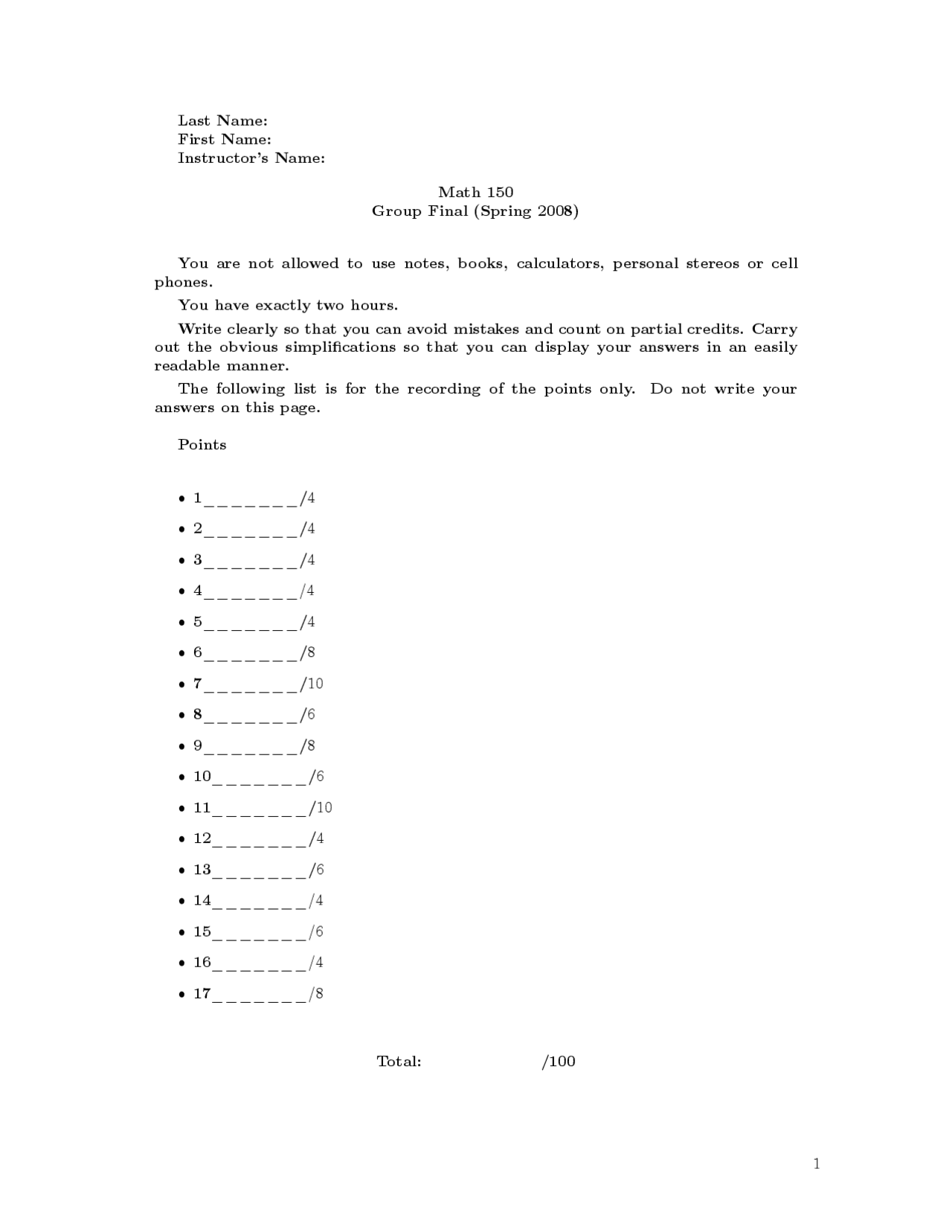 17 Unsolved Questions Final Exam Calculus I Math 150 Docsity