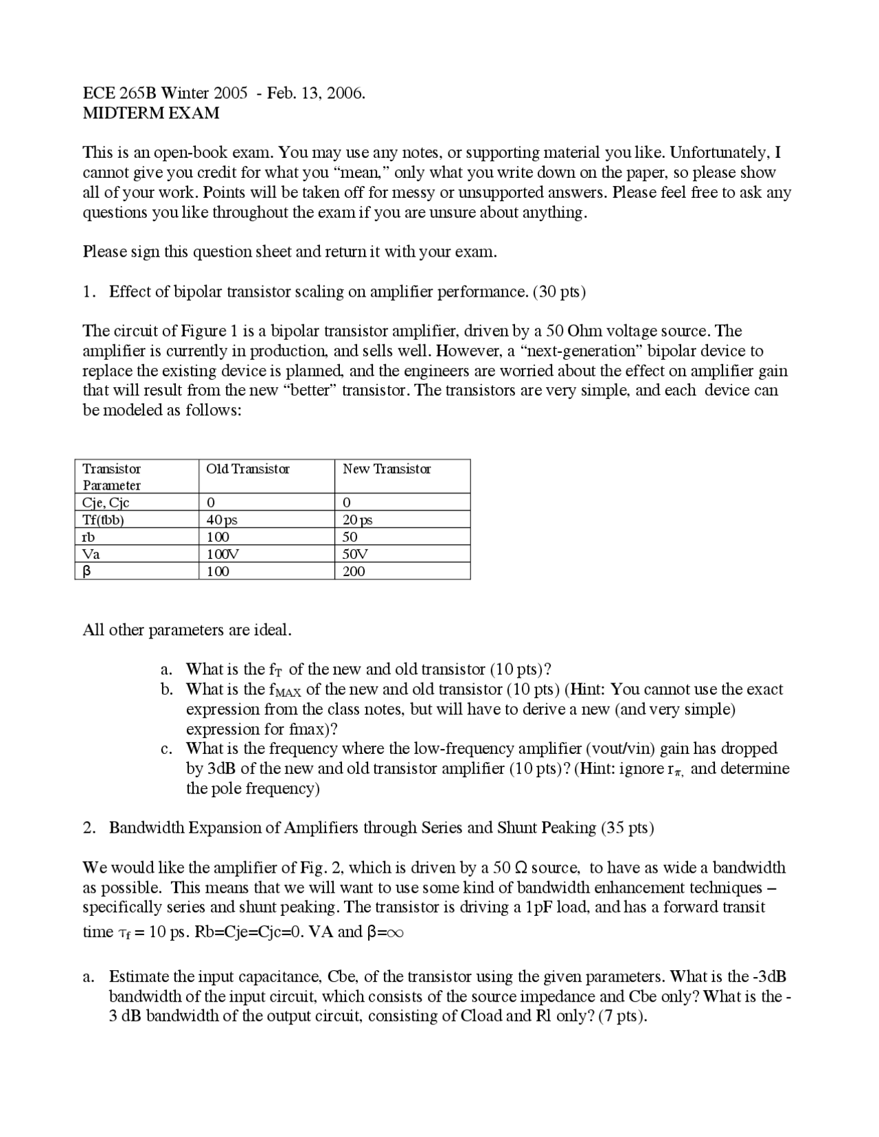 Midterm Exam Questions Communication Circuit Design Ii Ece 265b