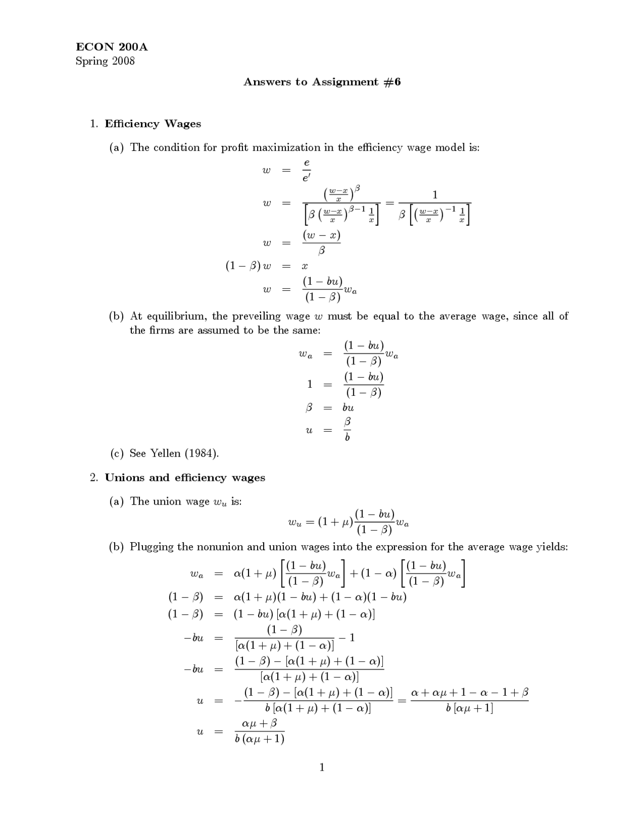Advanced Macroeconomic Theory Assignment 6 With Solutions Econ 200a Docsity