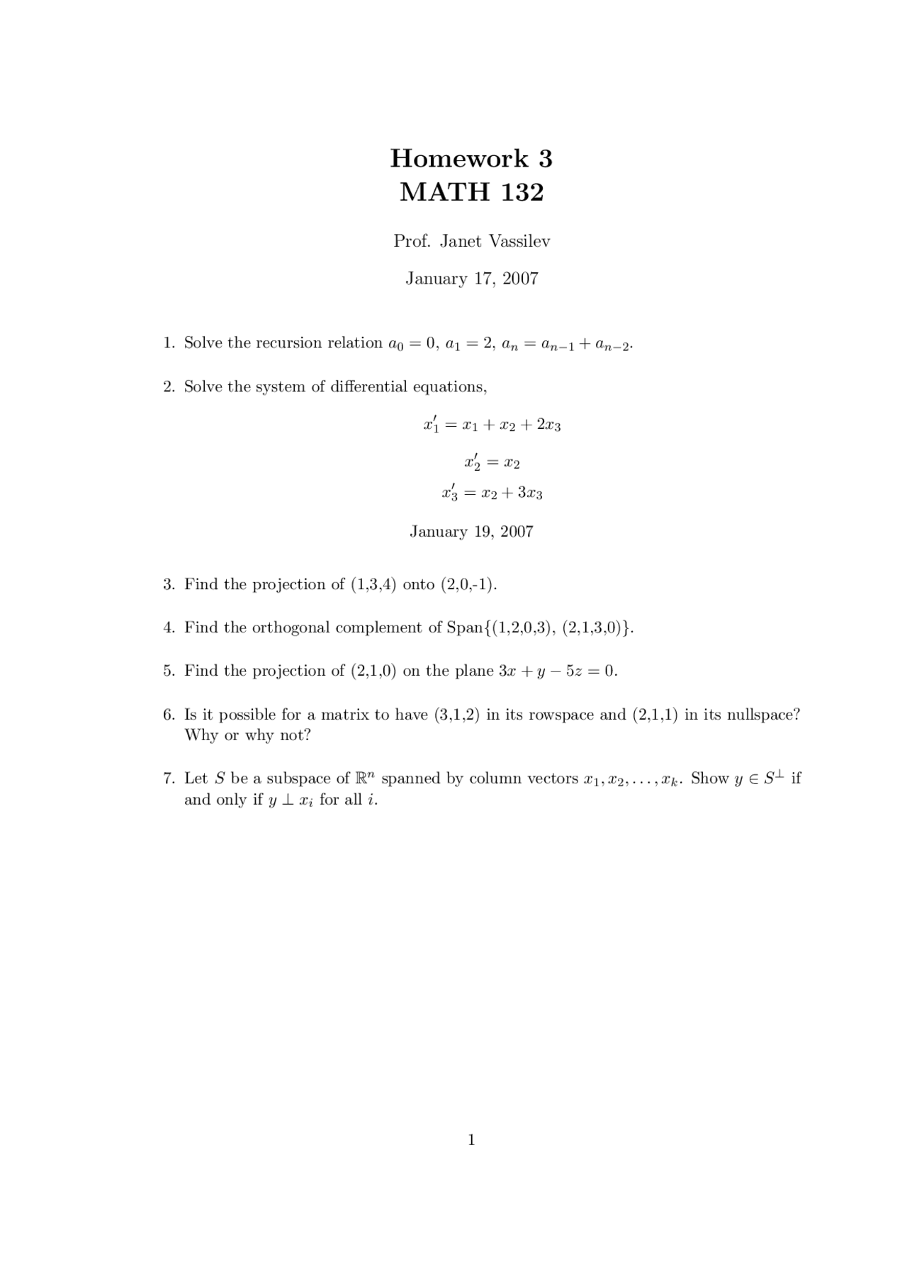 Linear Algebra II - Homework 3 Questions | MATH 132 - Docsity