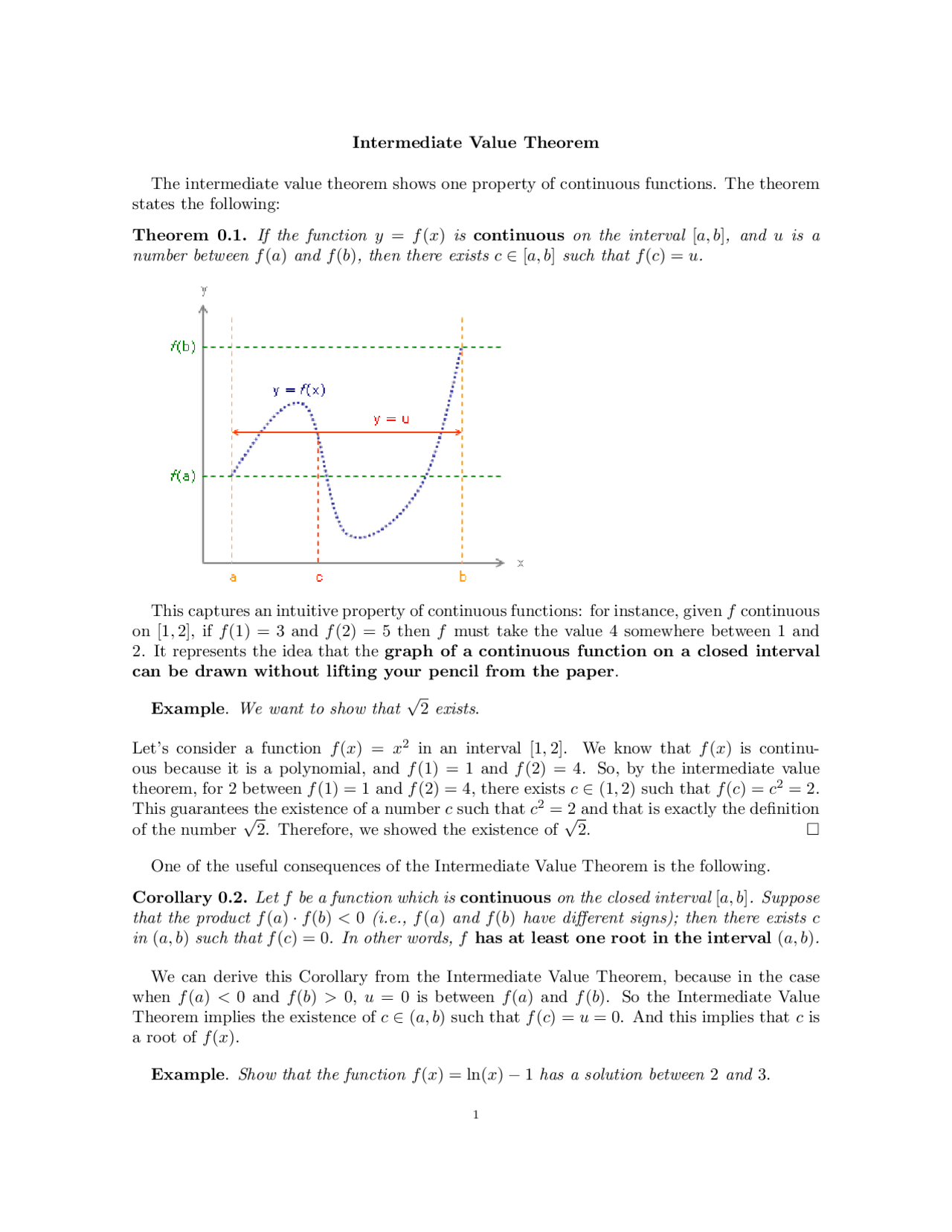Intermediate Value Theorem Handout Socl 20 Docsity