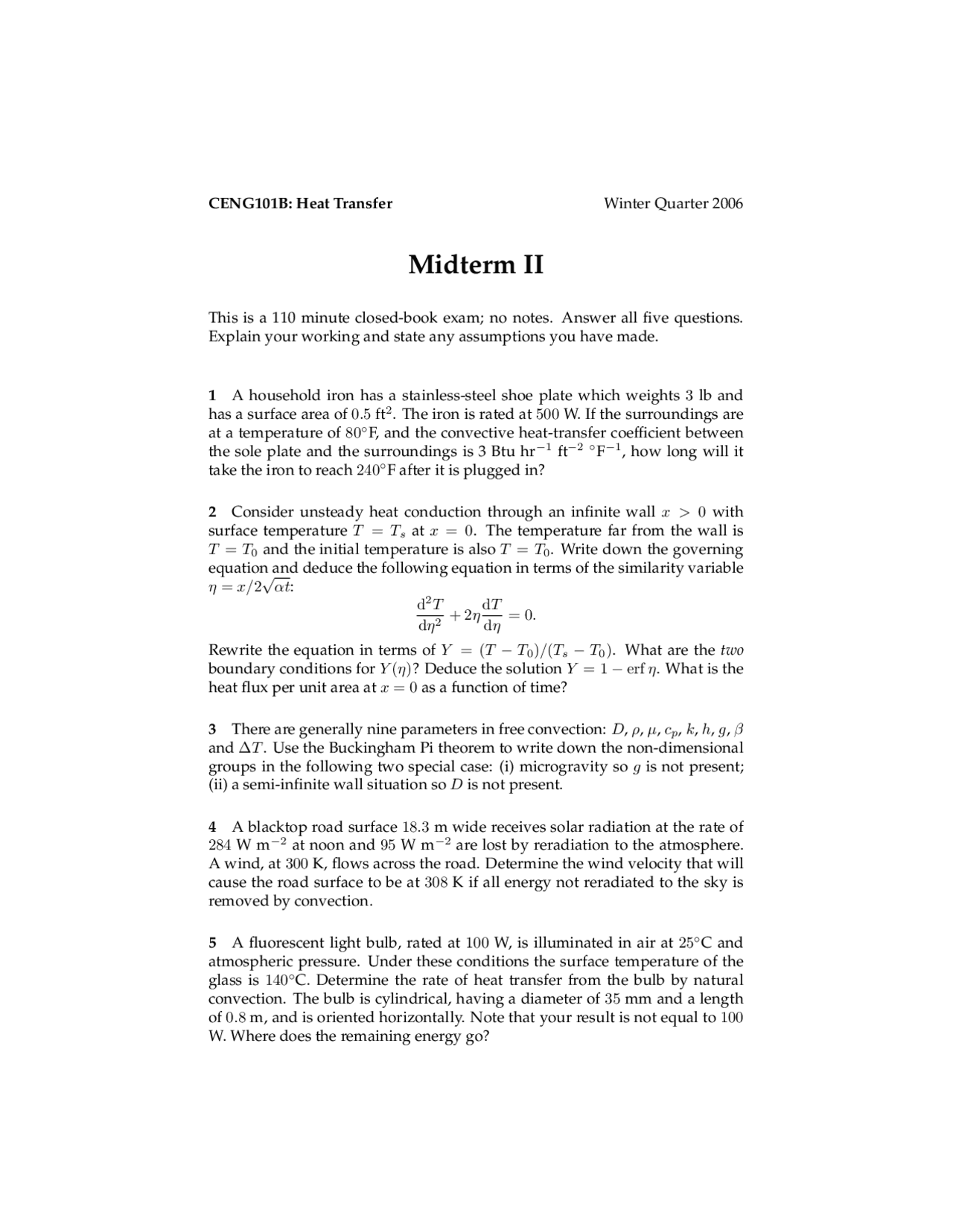 Midterm Ii Questions 2006 Heat Transfer Ceng 101b Docsity