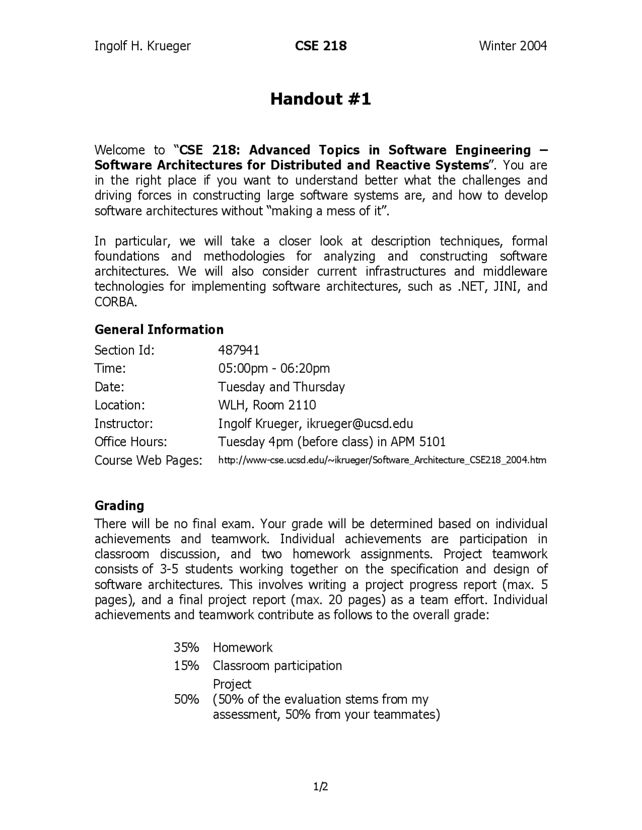 Handout #1 - Advanced Topics in Software Engineering | CSE 218 | Study ...