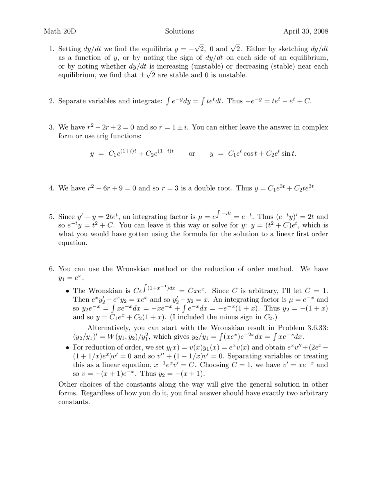 6 Solved Problems Mid Term Examination Math 20d Docsity