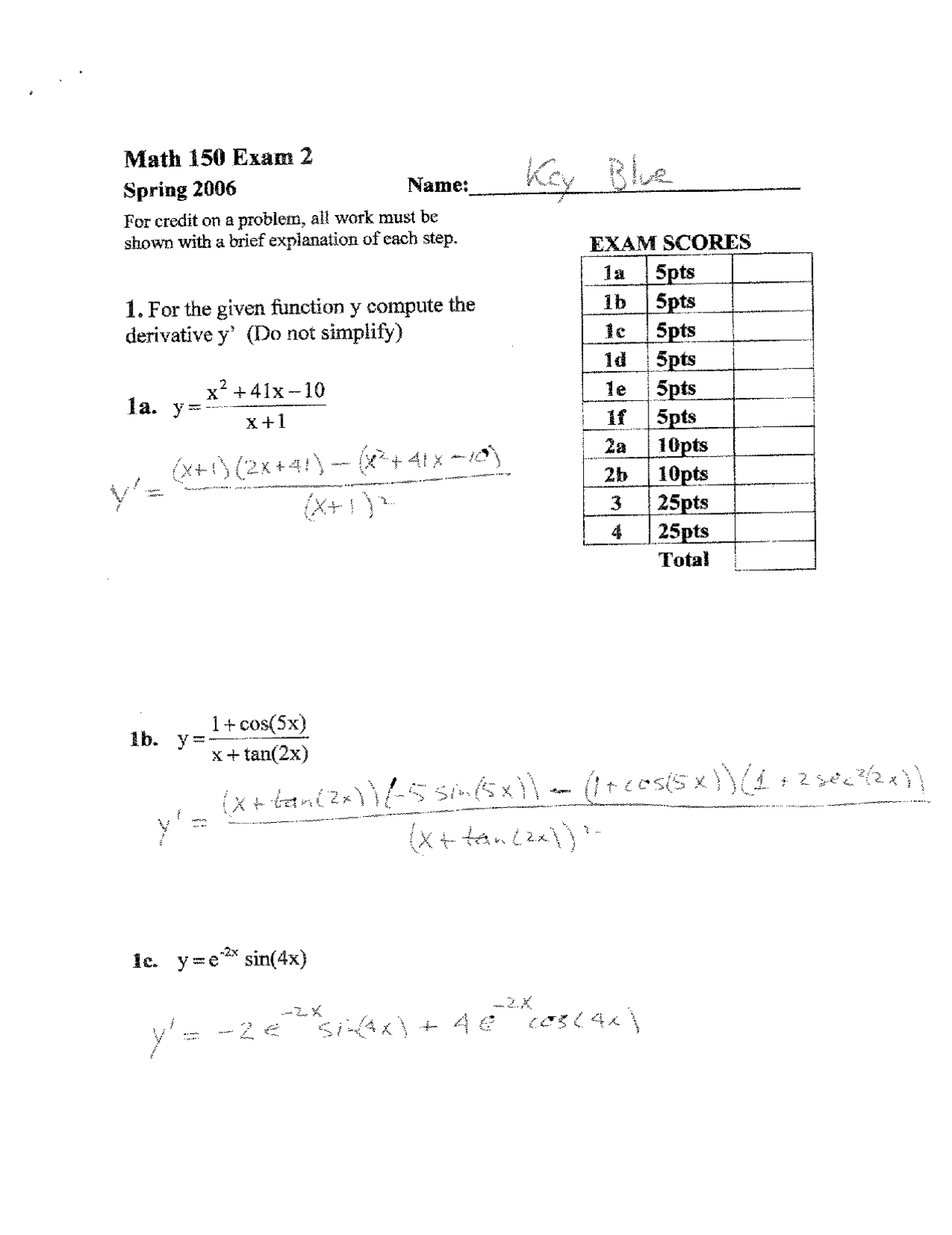 4 Questions With Answers Calculus I Examination 2 Fall 2006