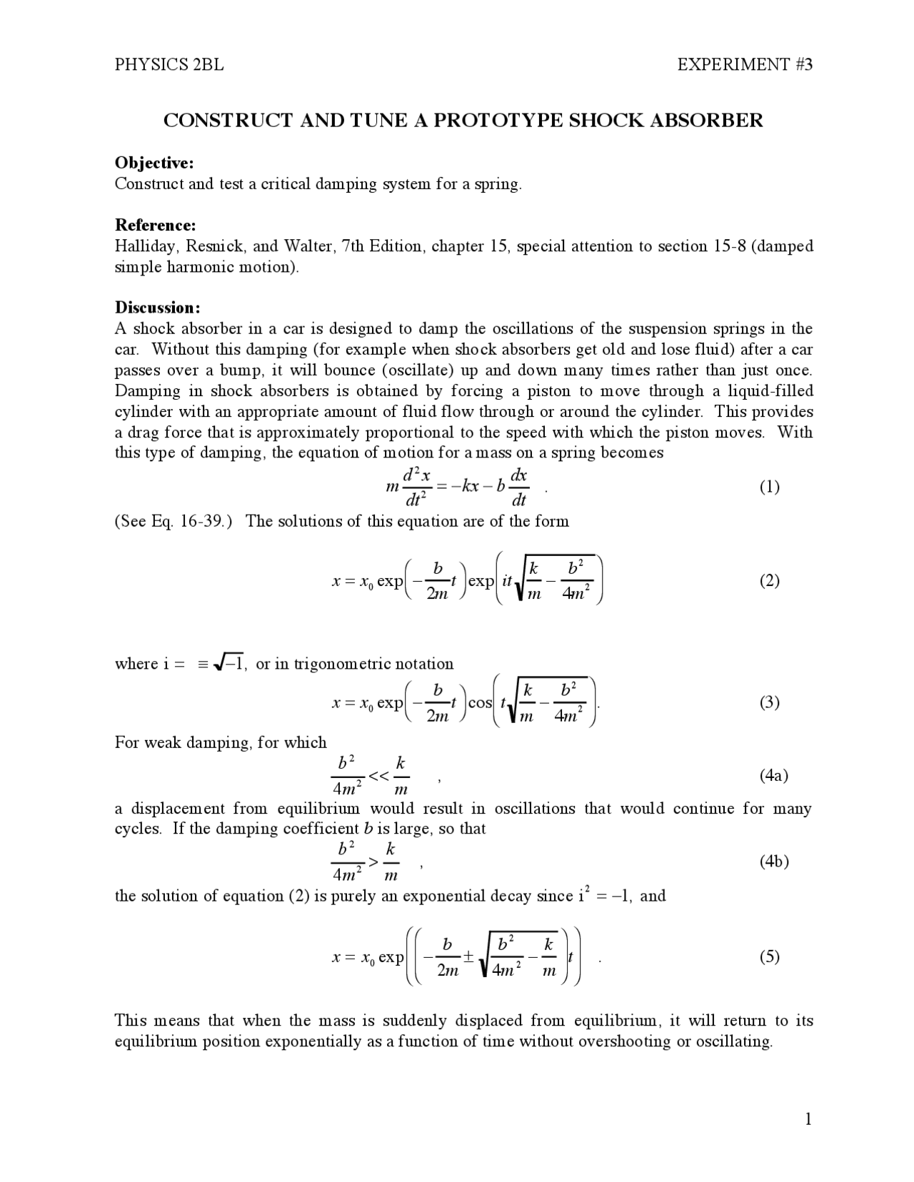 Construct and Tune a Prototype Shock Absorber - Experiment 3 | PHYS 2BL - Docsity