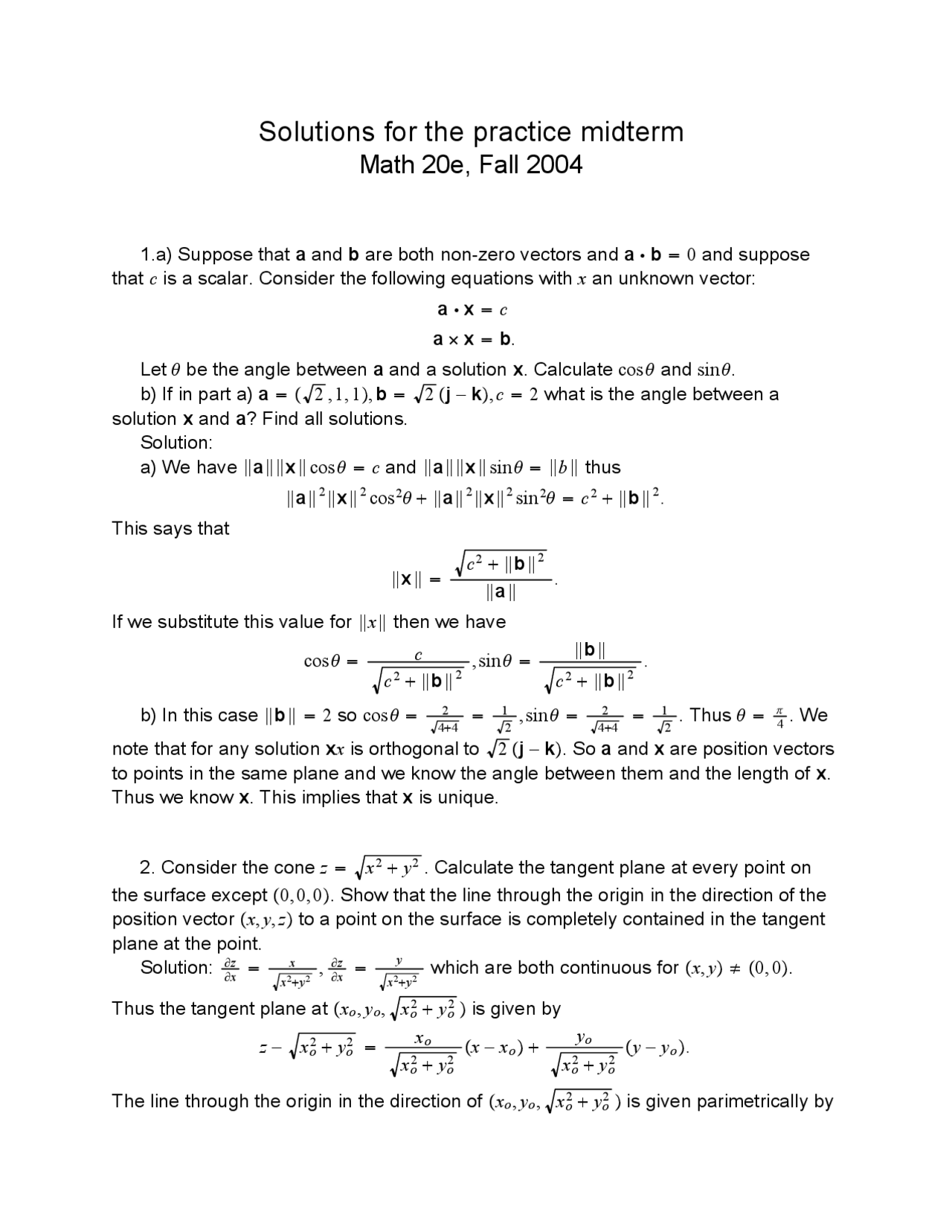 Solutions For Practice Midterm Vector Calculus Math 20e Docsity
