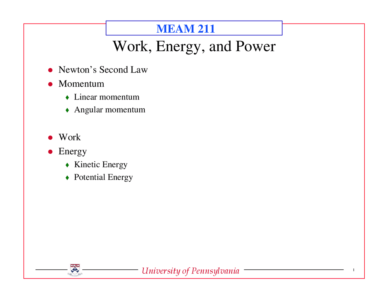 Work, Energy, and Power - Mechanics : Dynamics | MEAM 211 | Study notes ...