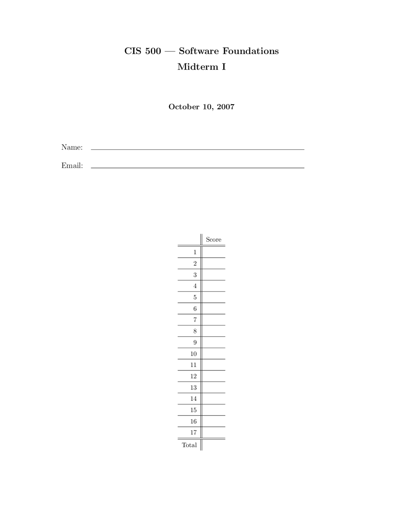 17 Questions On Midterm Exam 1 For Software Foundations Cis 500 Docsity