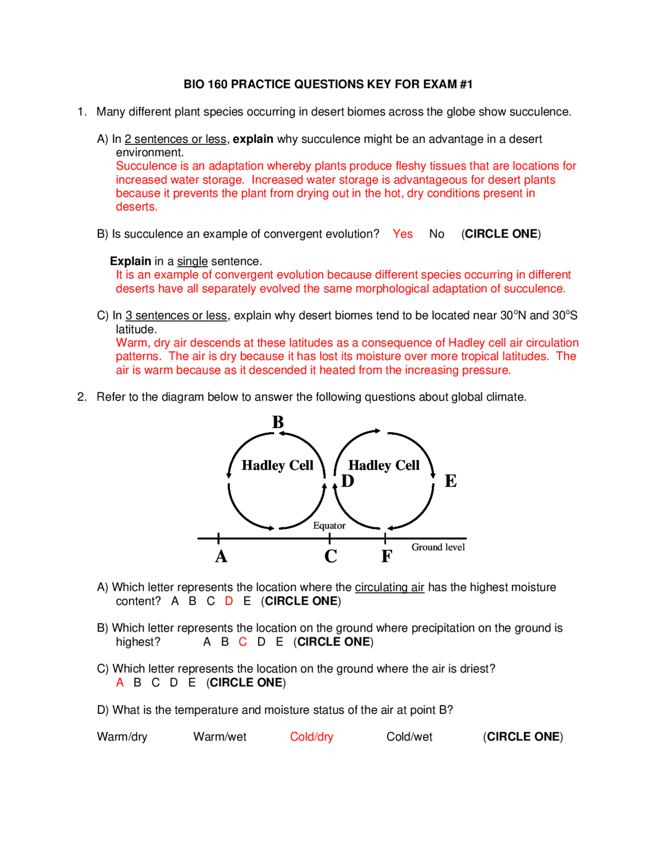Answer Key for Practice Questions - General Ecology - Exam 1 | BIO 160 ...
