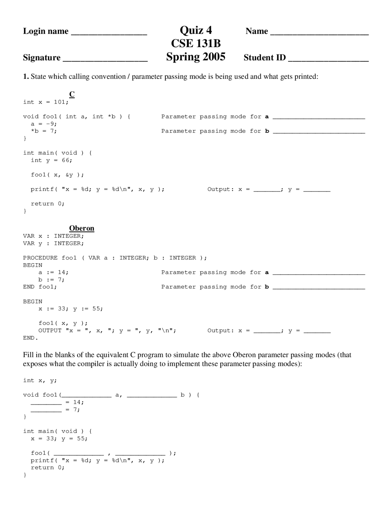 Compiler Construction Resolution Of Practice Quiz 4 Cse 131 Docsity