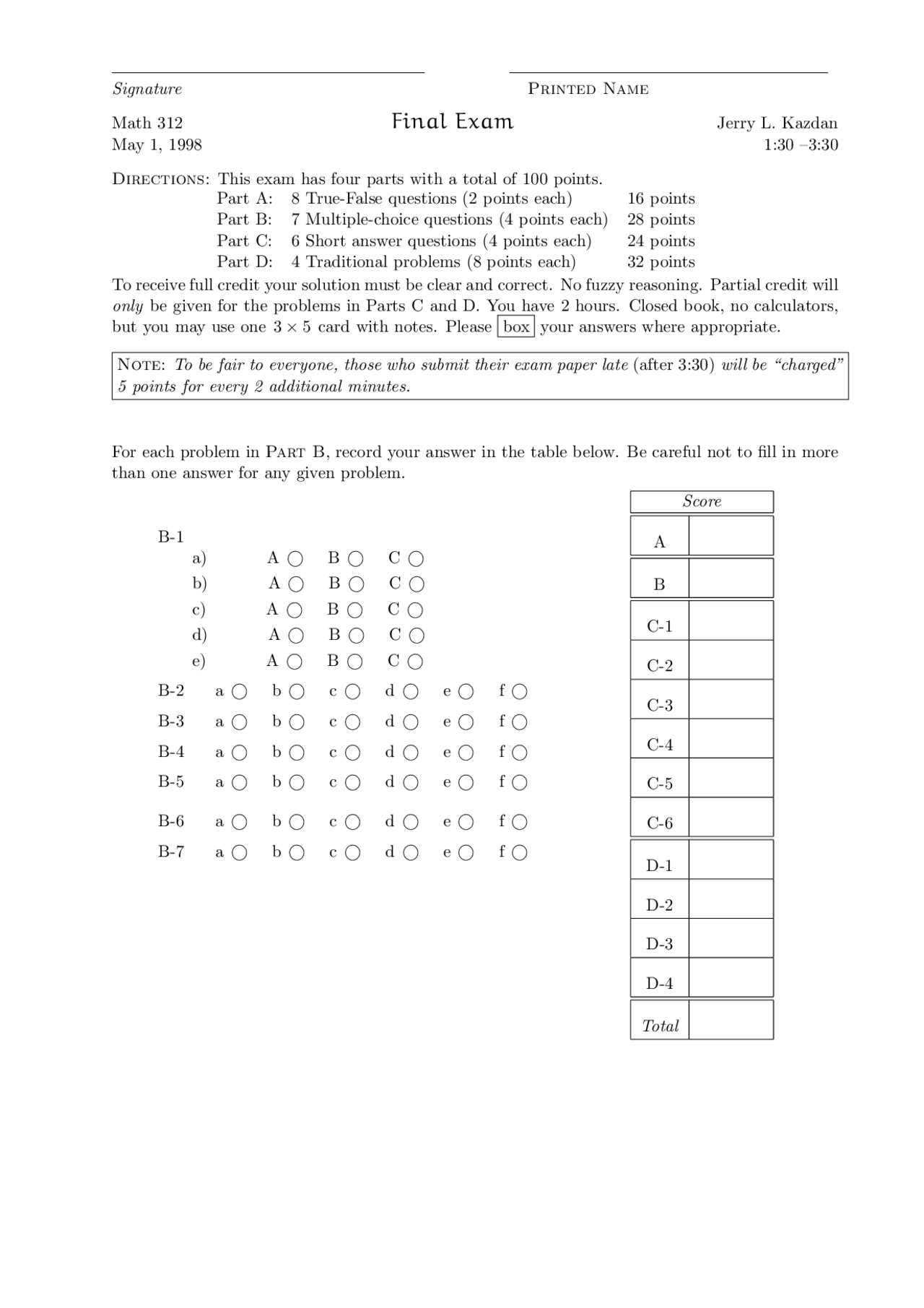 Take Home Final Examination Linear Algebra Math 312 Docsity