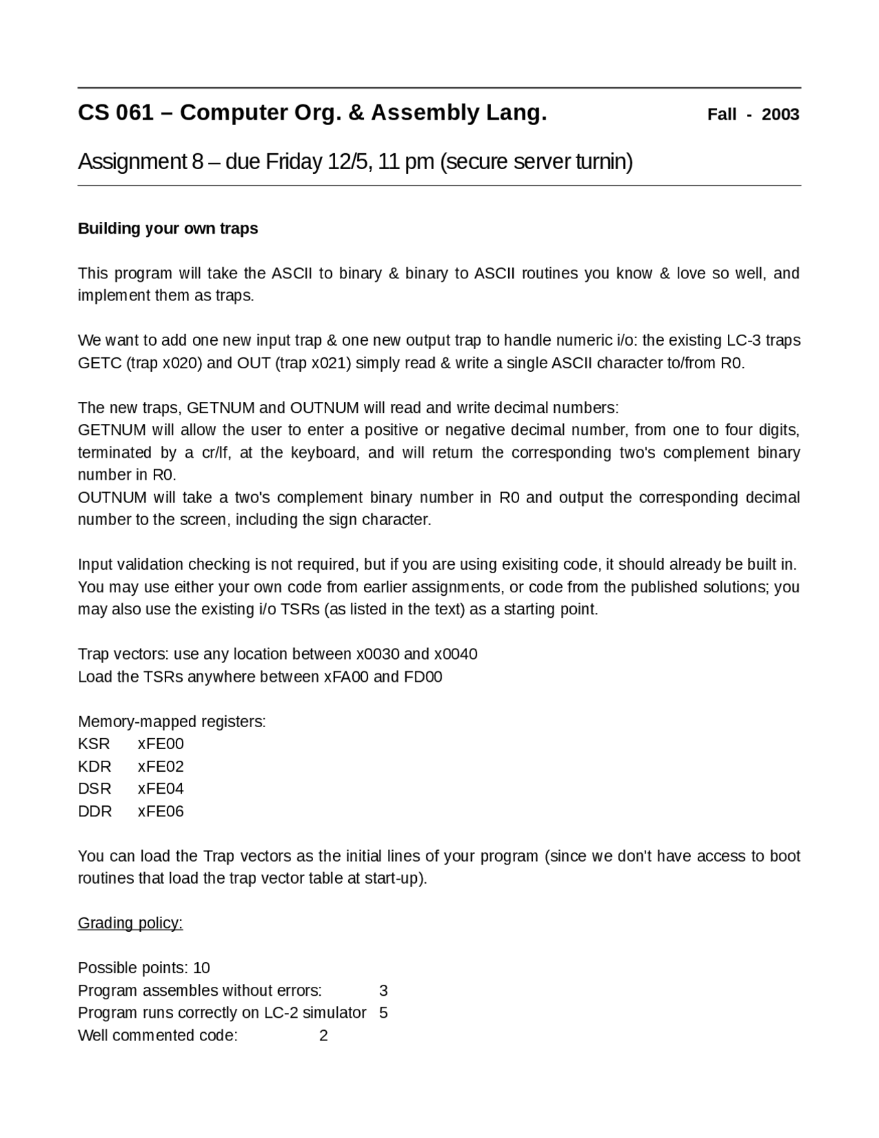 Computer Organization And Assembly Language Assignment 8 Cs 061