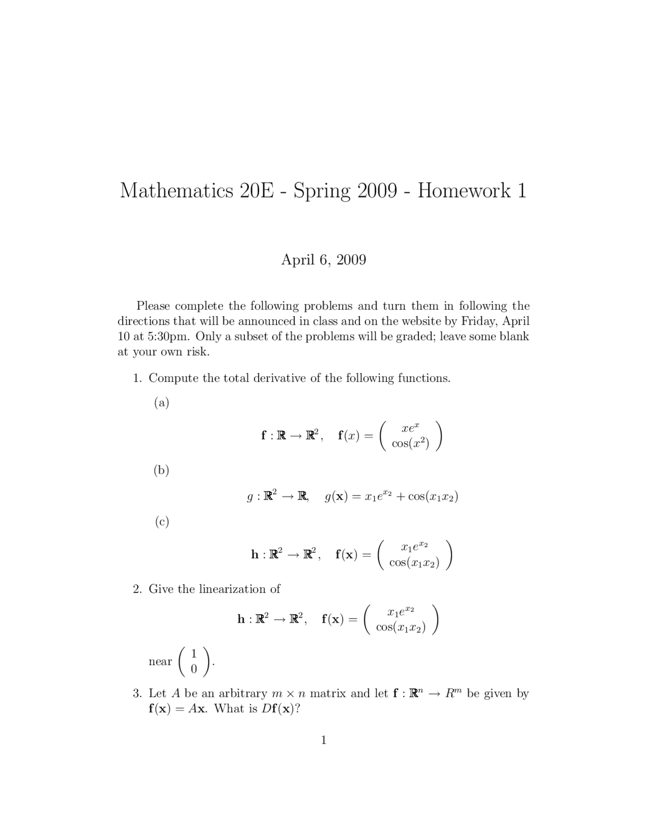 10 Questions On Vector Calculus Assignment 1 Math 20e Docsity