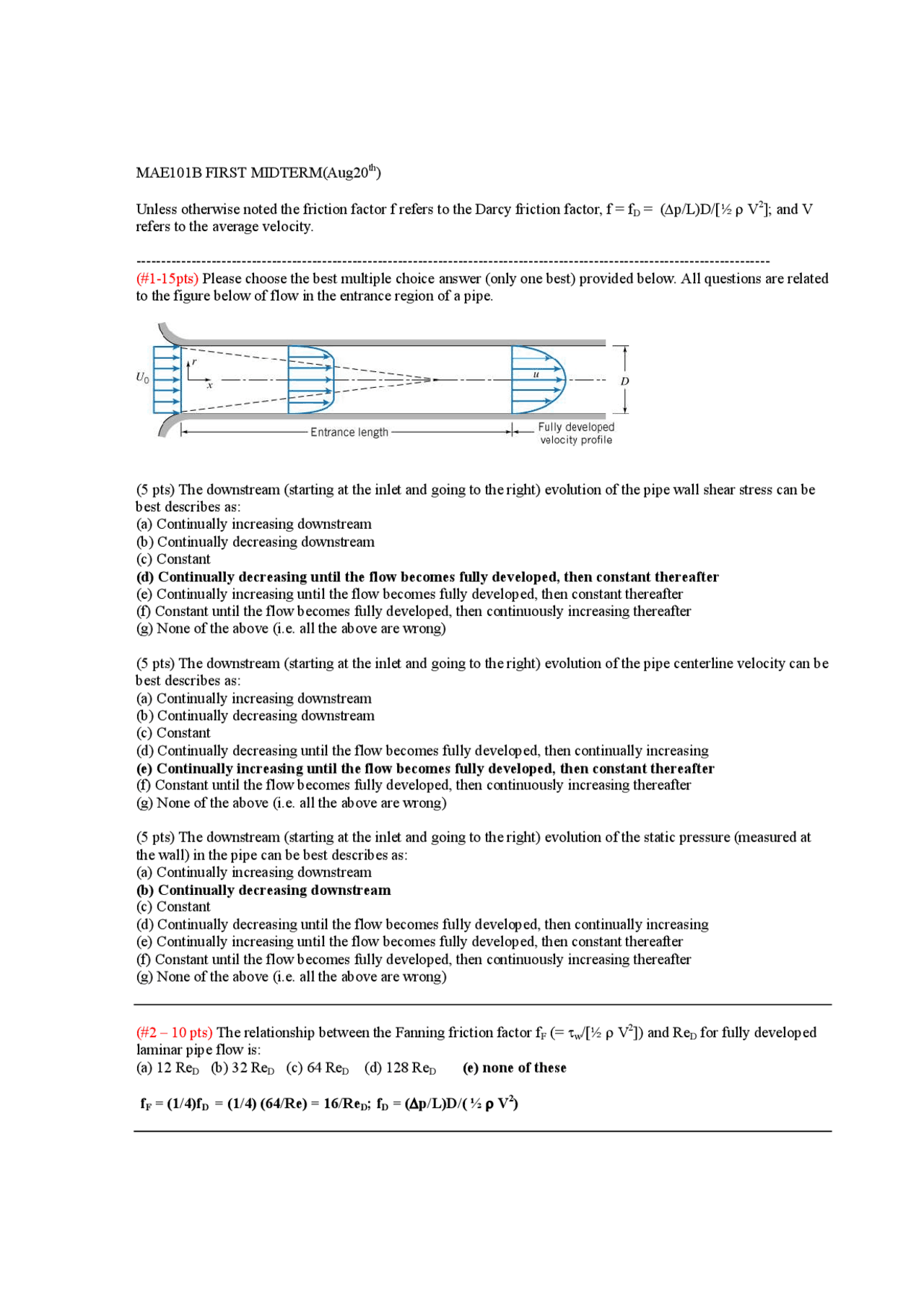 Solved Midterm Exam for Advanced Fluid Mechanics | MAE 101B | Exámenes Ingeniería Mecánica | Docsity