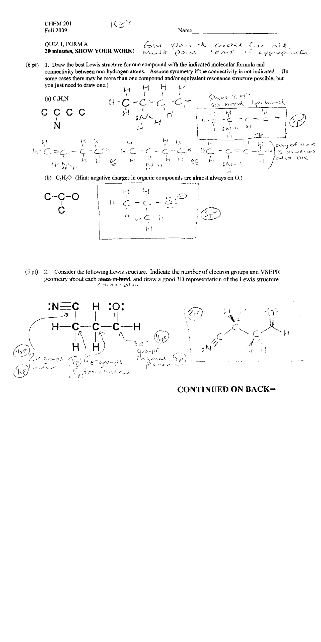 Answers Key Quiz 1 General Chemistry Chem 201 Docsity
